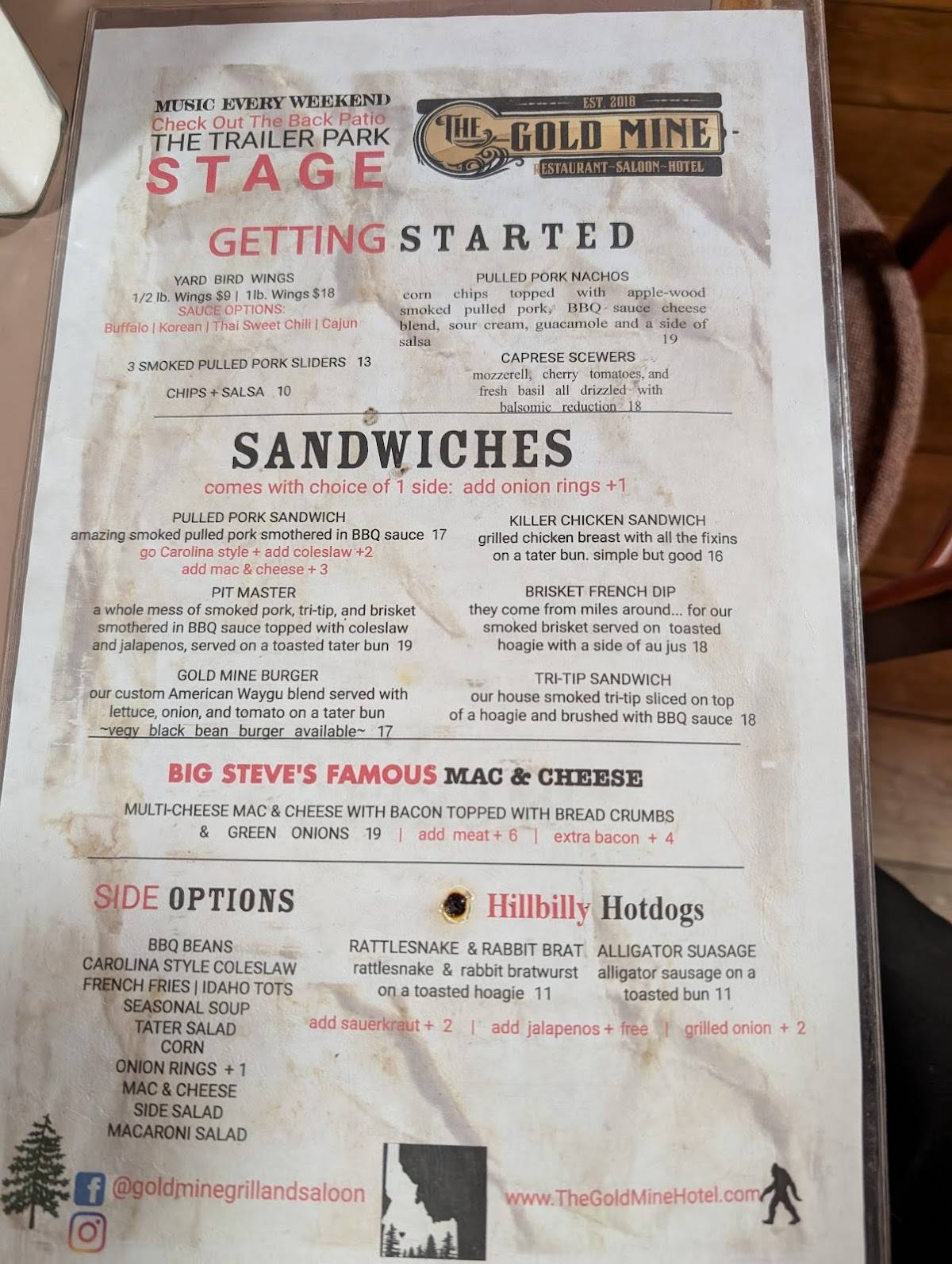 Menu at The Gold Mine Grill - Saloon - Hotel pub & bar, Idaho City