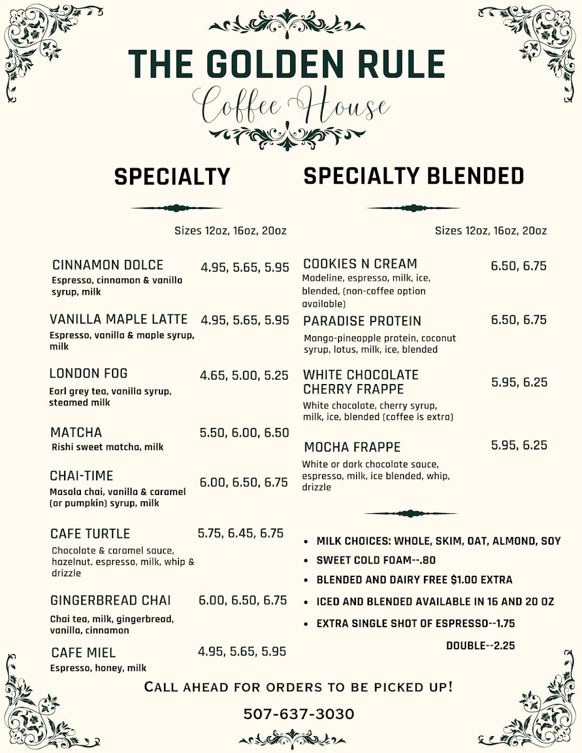 Menu at The Golden Rule Coffee House, Redwood Falls