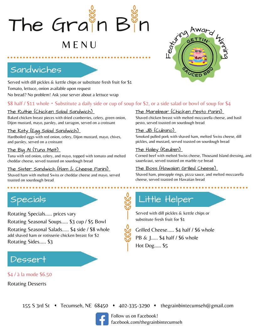 Menu at The Grain Bin restaurant, Tecumseh