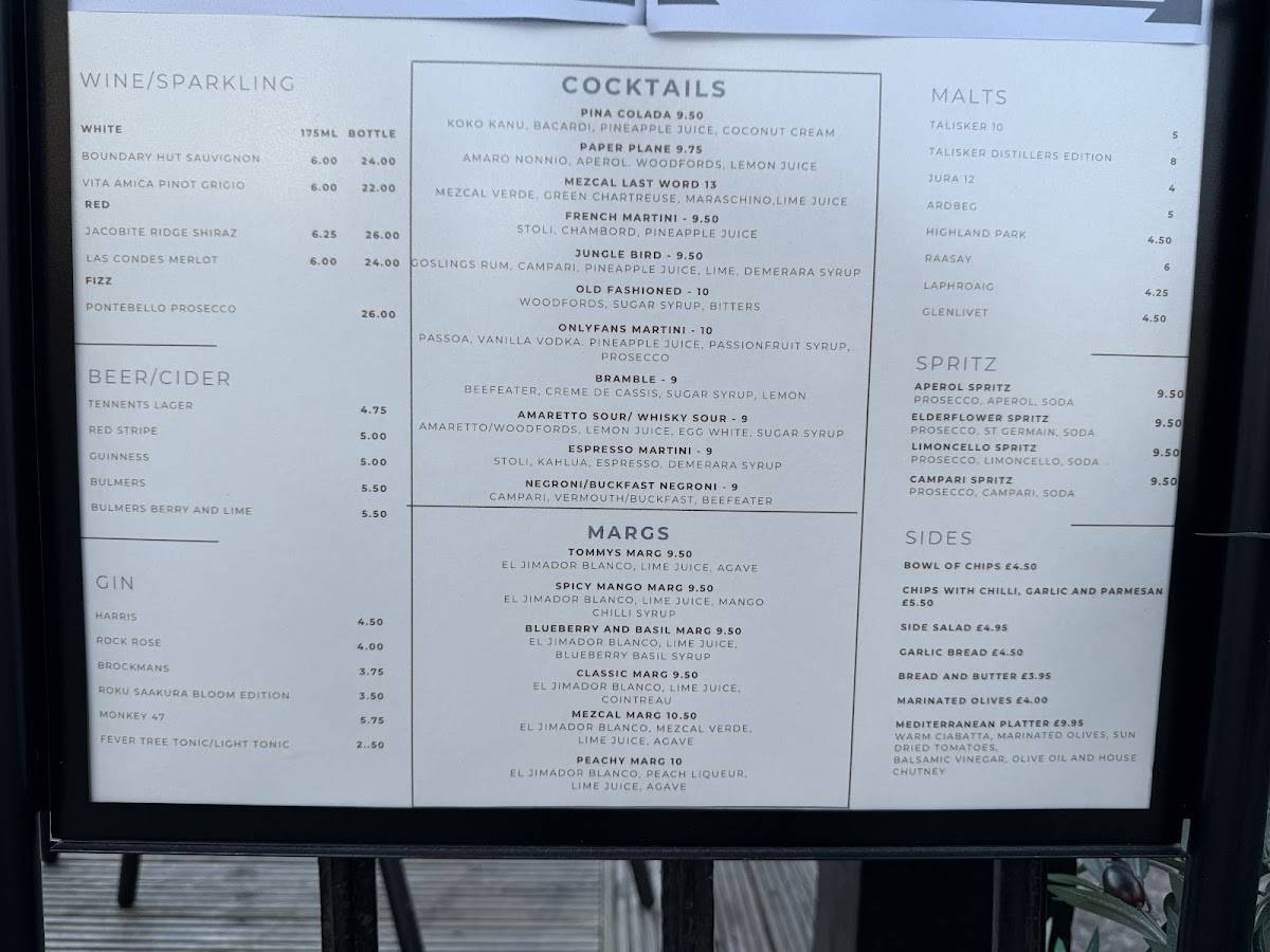 Menu at The Granary cafe, Portree