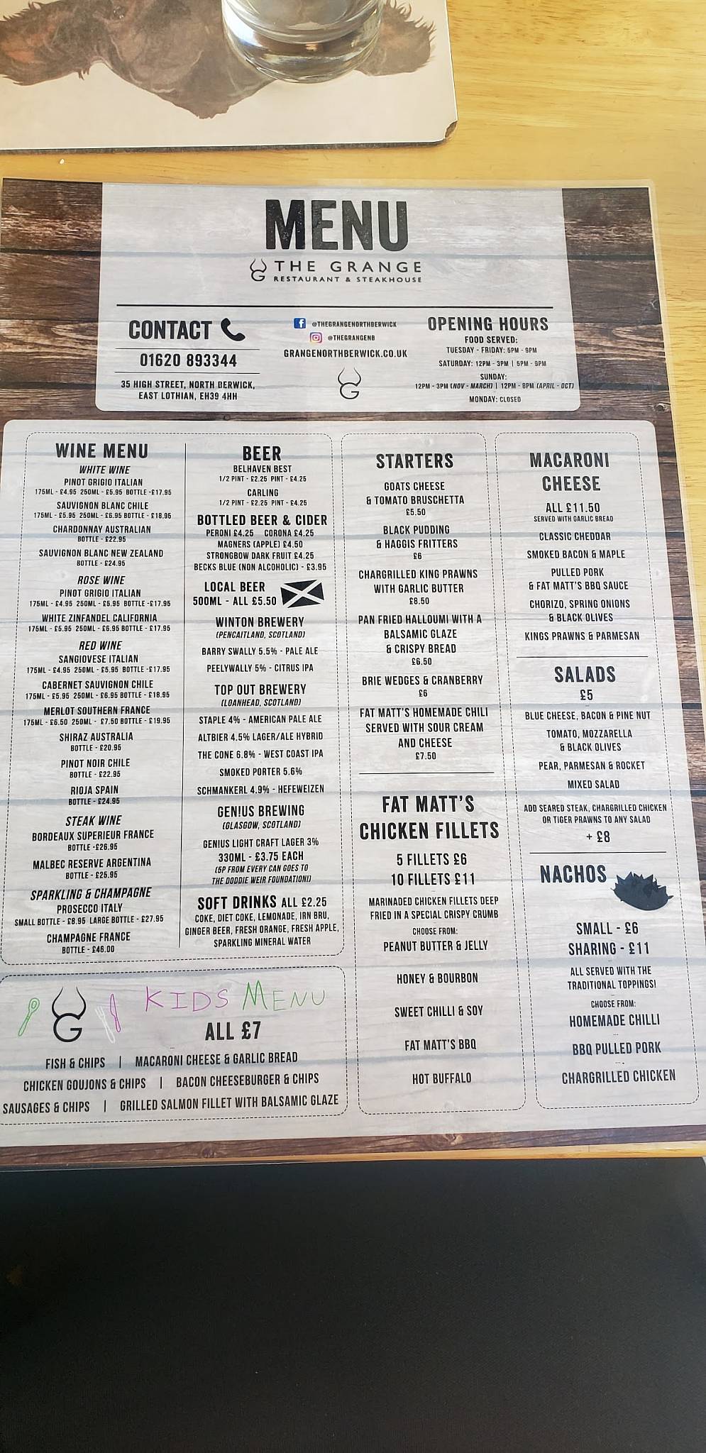 Menu at The Grange Restaurant & Steakhouse, North Berwick