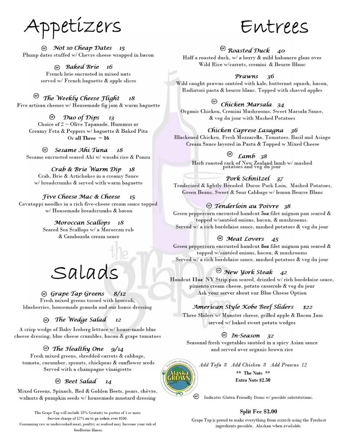 Menu at The Grape Tap restaurant, Wasilla
