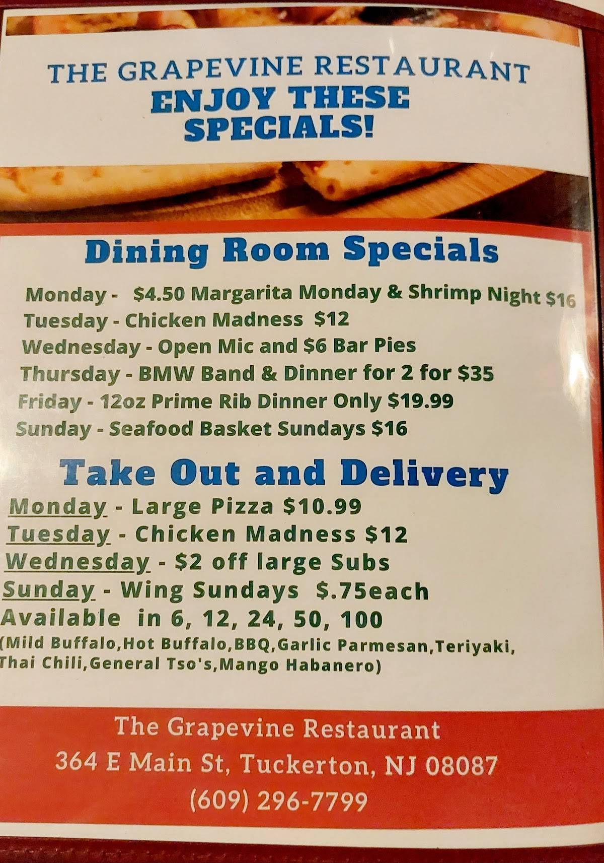 Menu at The Grapevine restaurant, Tuckerton