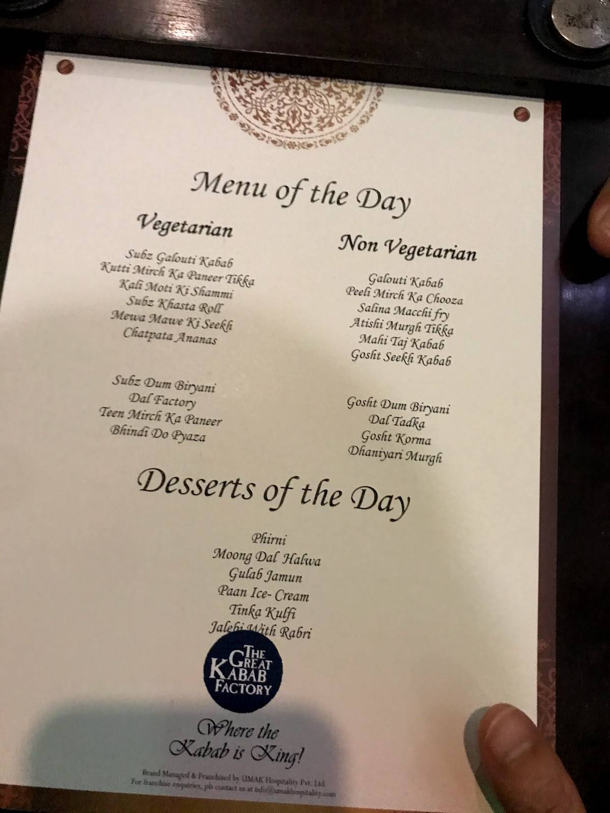 Menu at The Great Kabab Factory (Radisson Noida), Noida, Radisson Noida