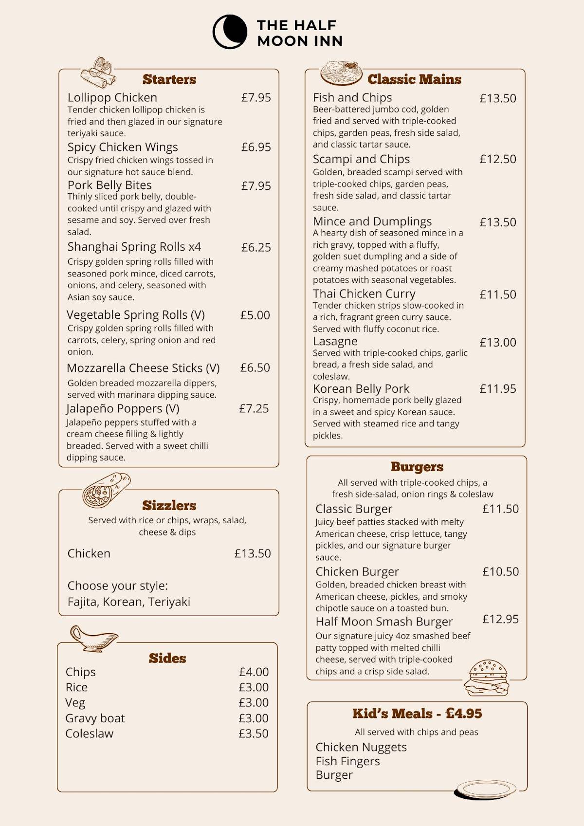 Menu at The Half Moon Inn pub & bar, Ryton, 11A Ryton Hall Dr