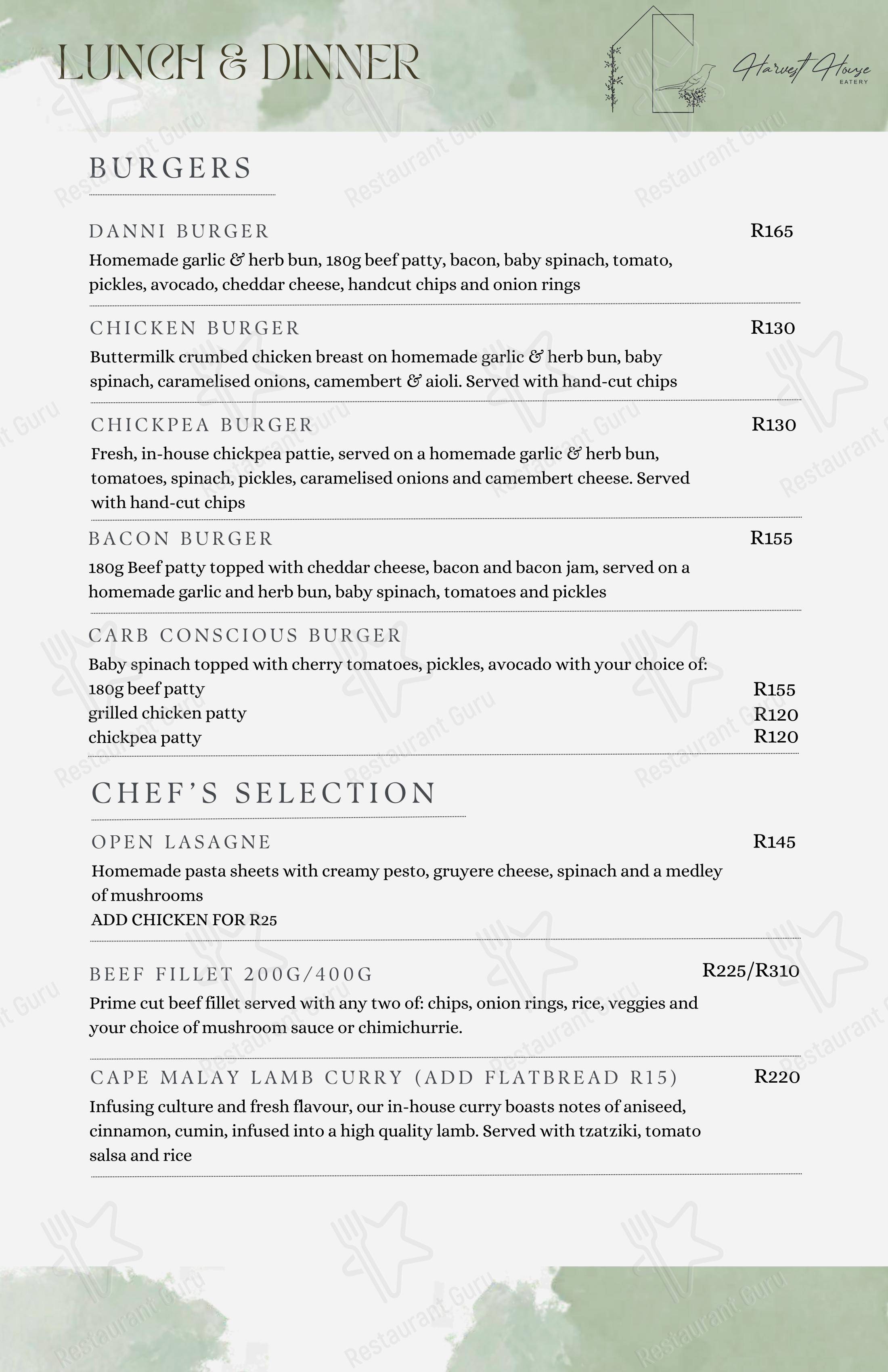 Menu at The Harvest House restaurant, Hoedspruit