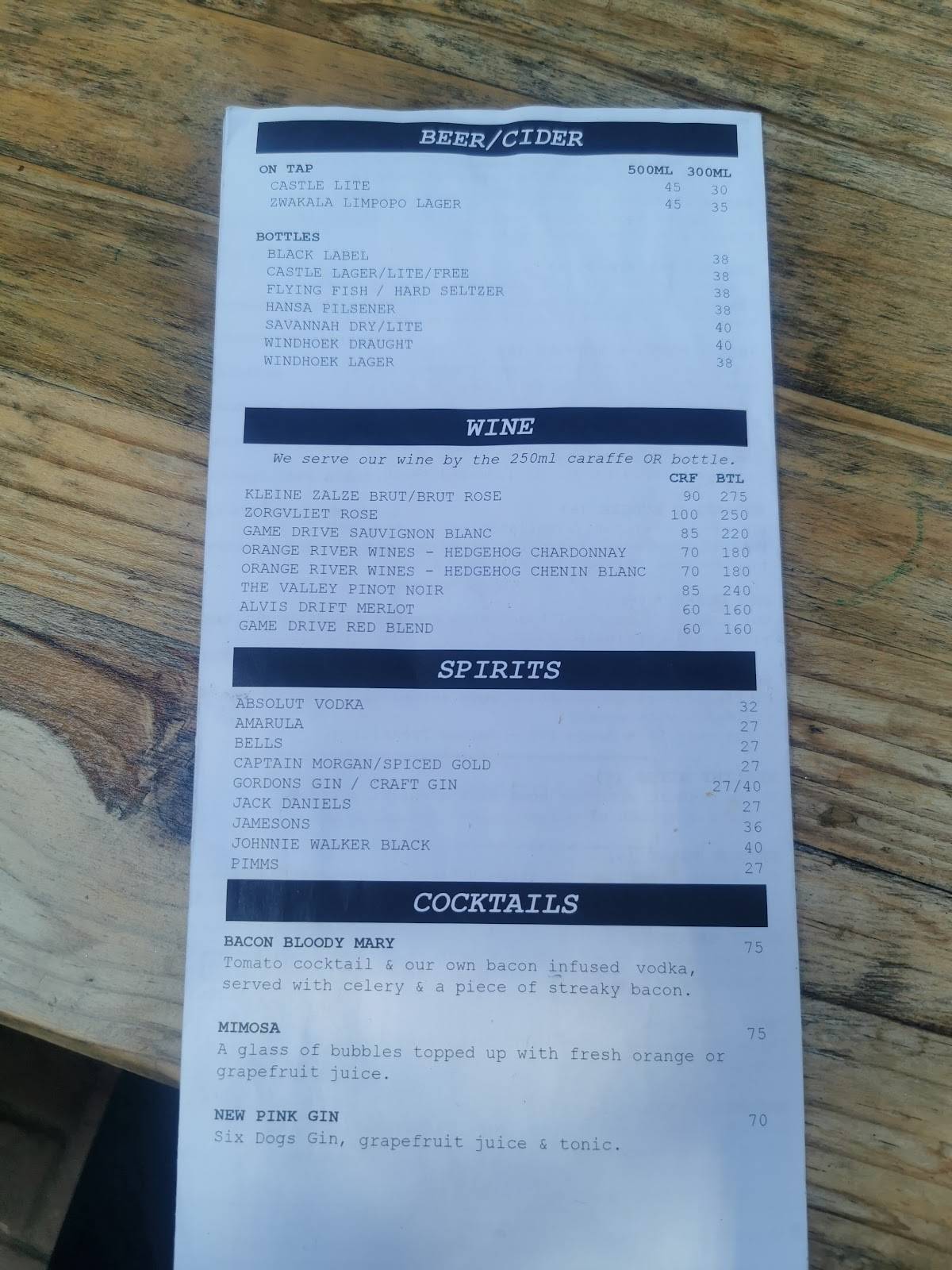 Menu at The Hat & Creek restaurant, Hoedspruit