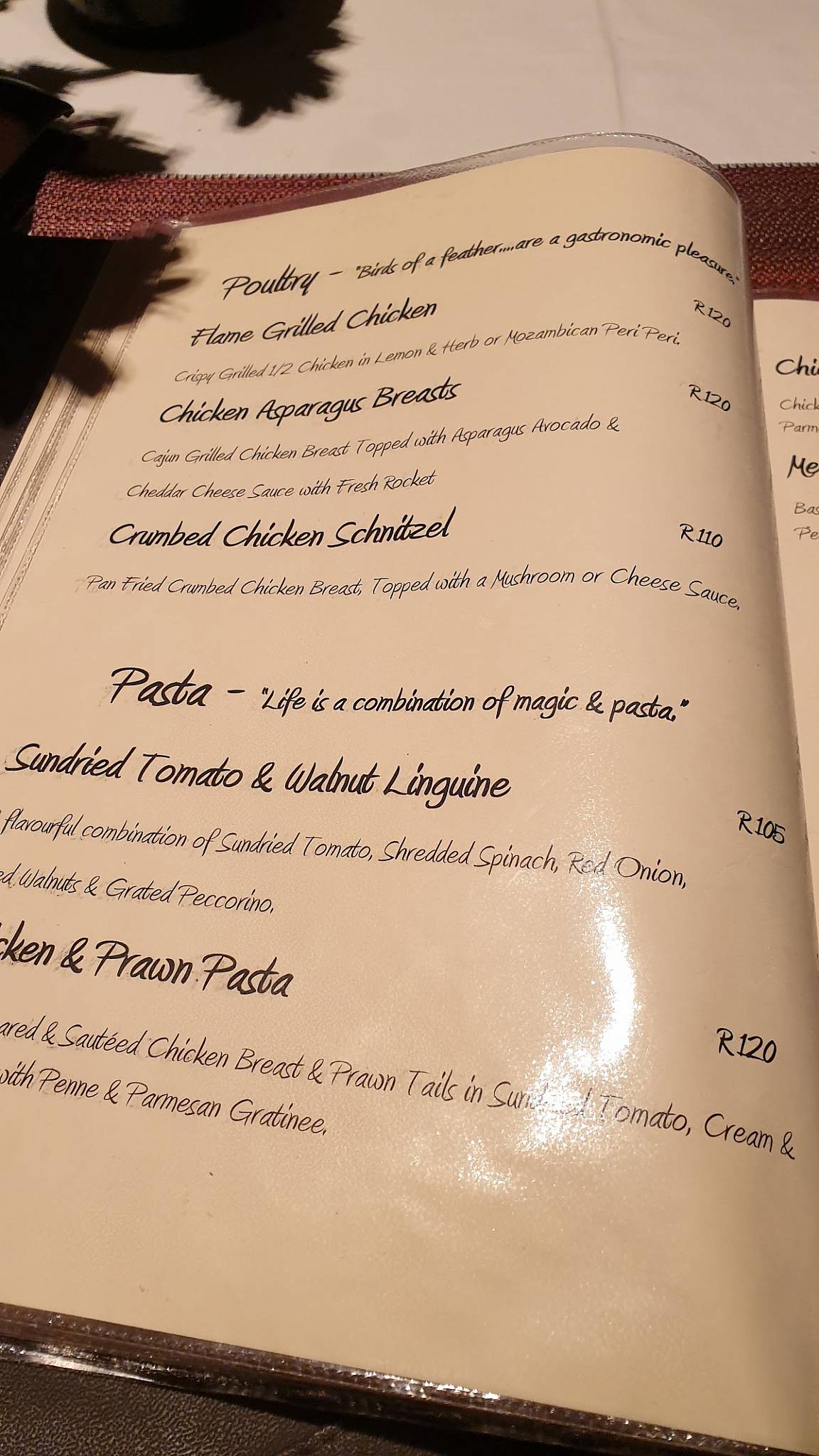 Menu at The Hat & Creek restaurant, Hoedspruit