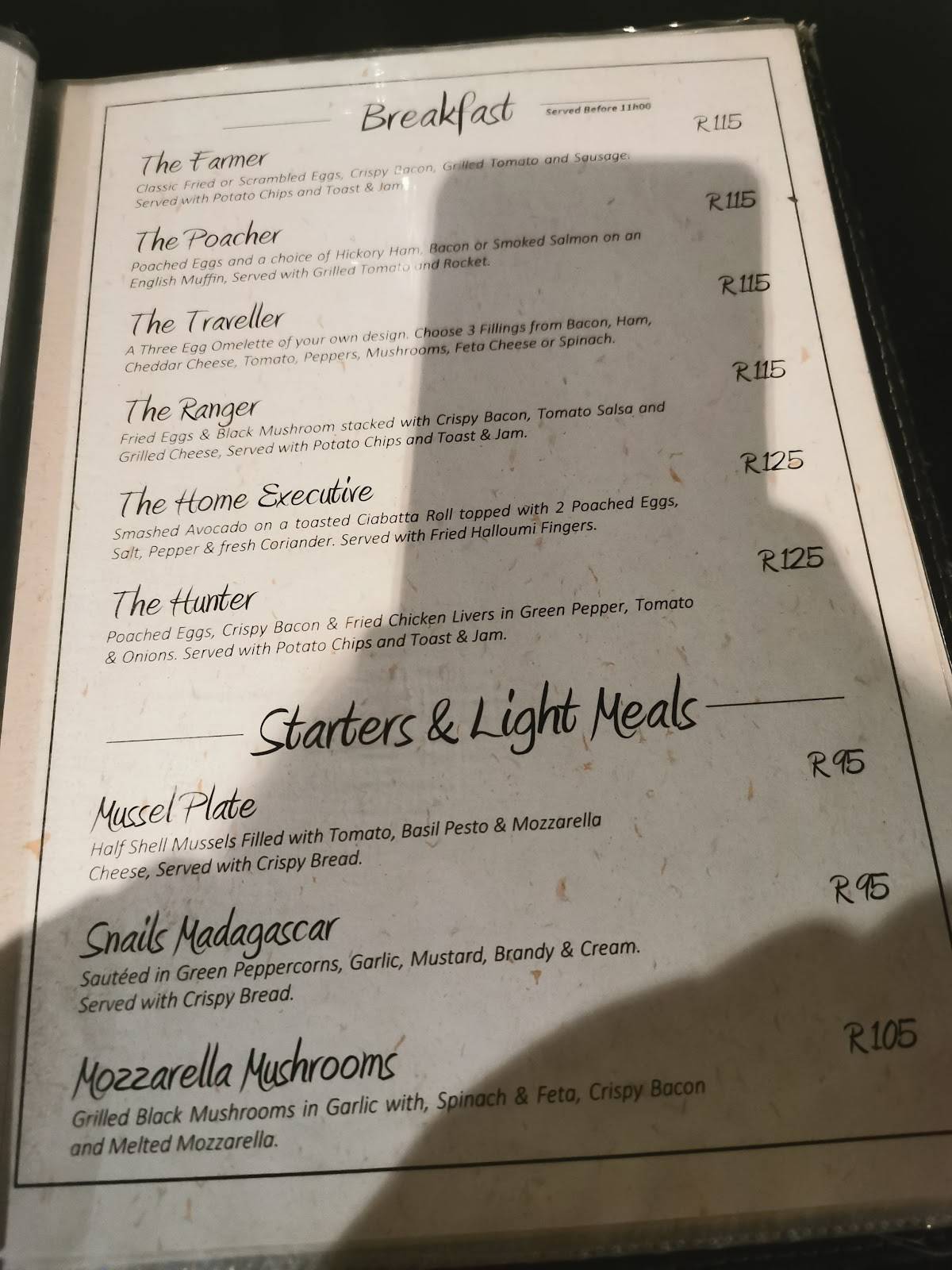 Menu at The Hat & Creek restaurant, Hoedspruit