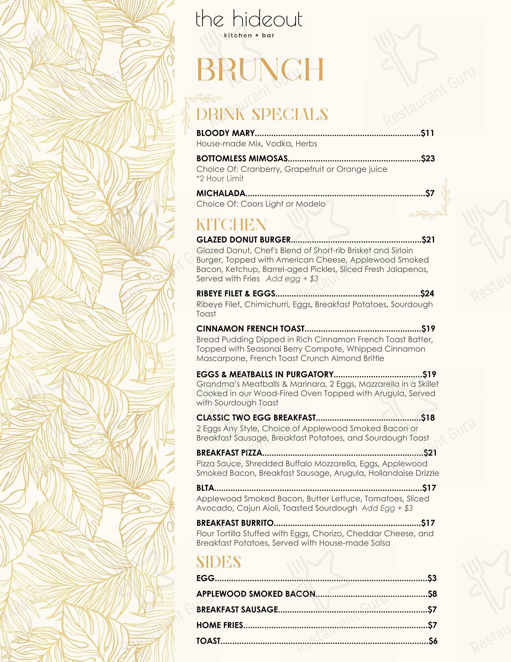 Menu at The Hideout Kitchen + Bar, Palm Desert