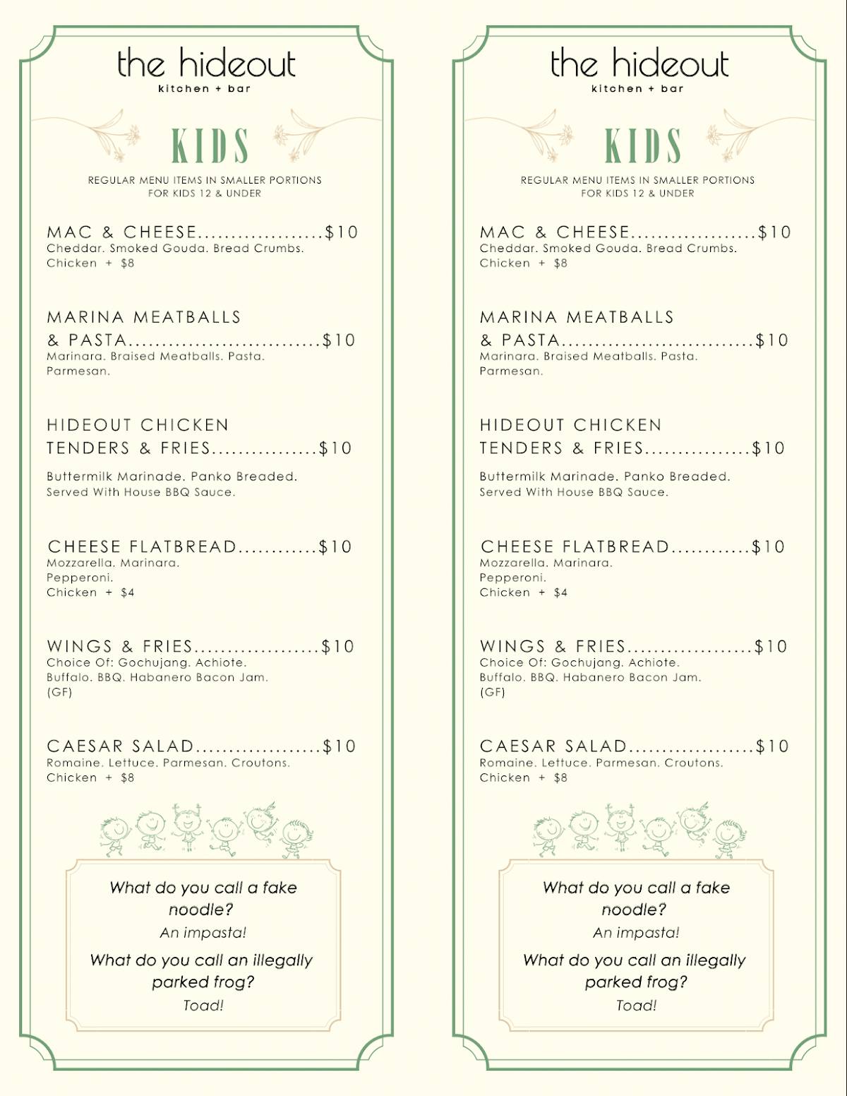 Carta de The Hideout Kitchen + Bar, Palm Desert