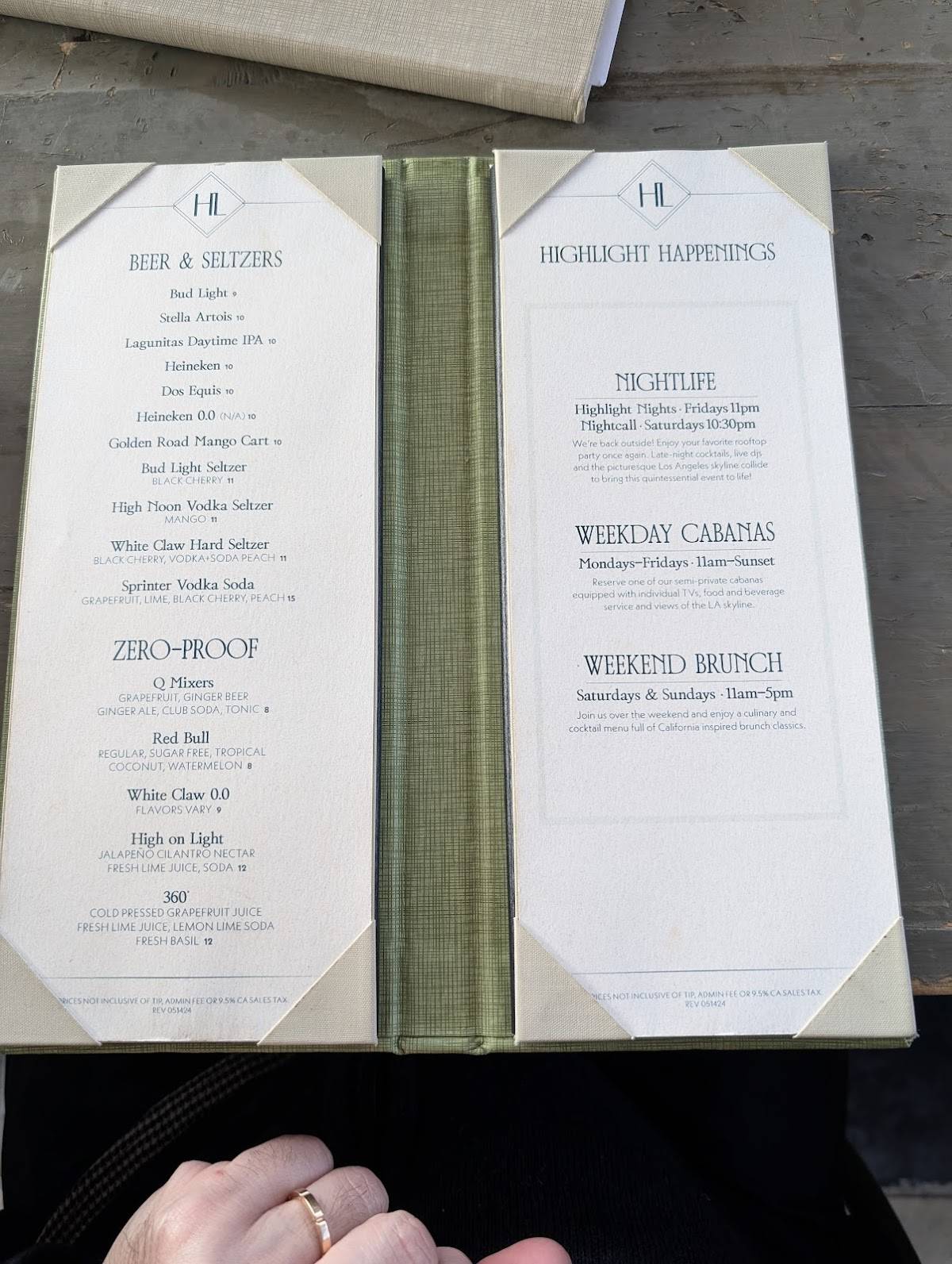 Menu at The Highlight Room pub & bar, Los Angeles