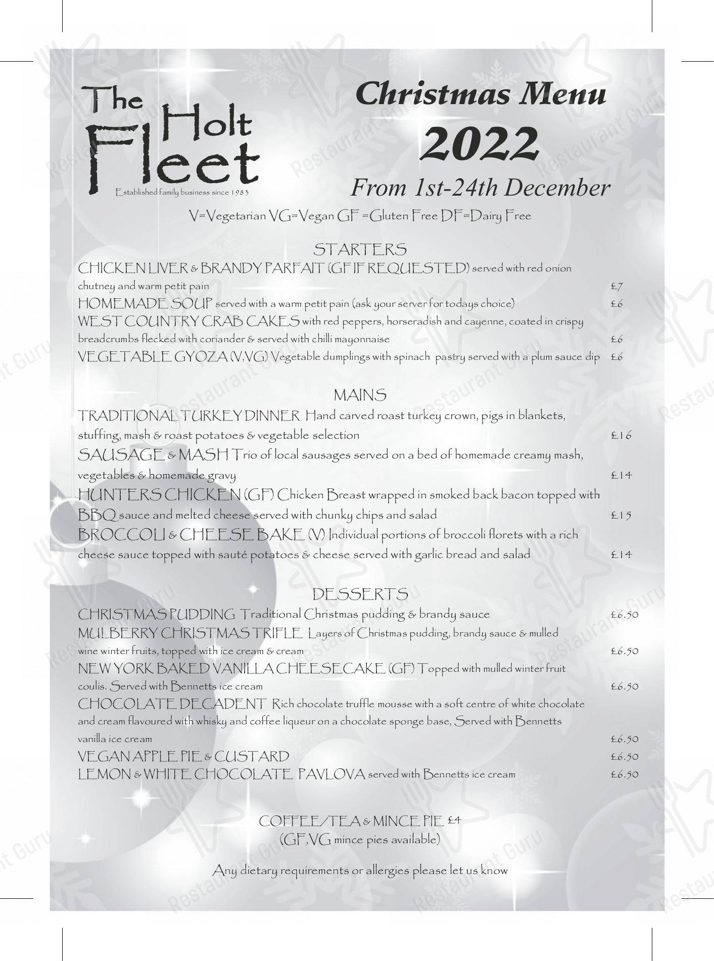 Menu at The Holt Fleet restaurant, Worcester