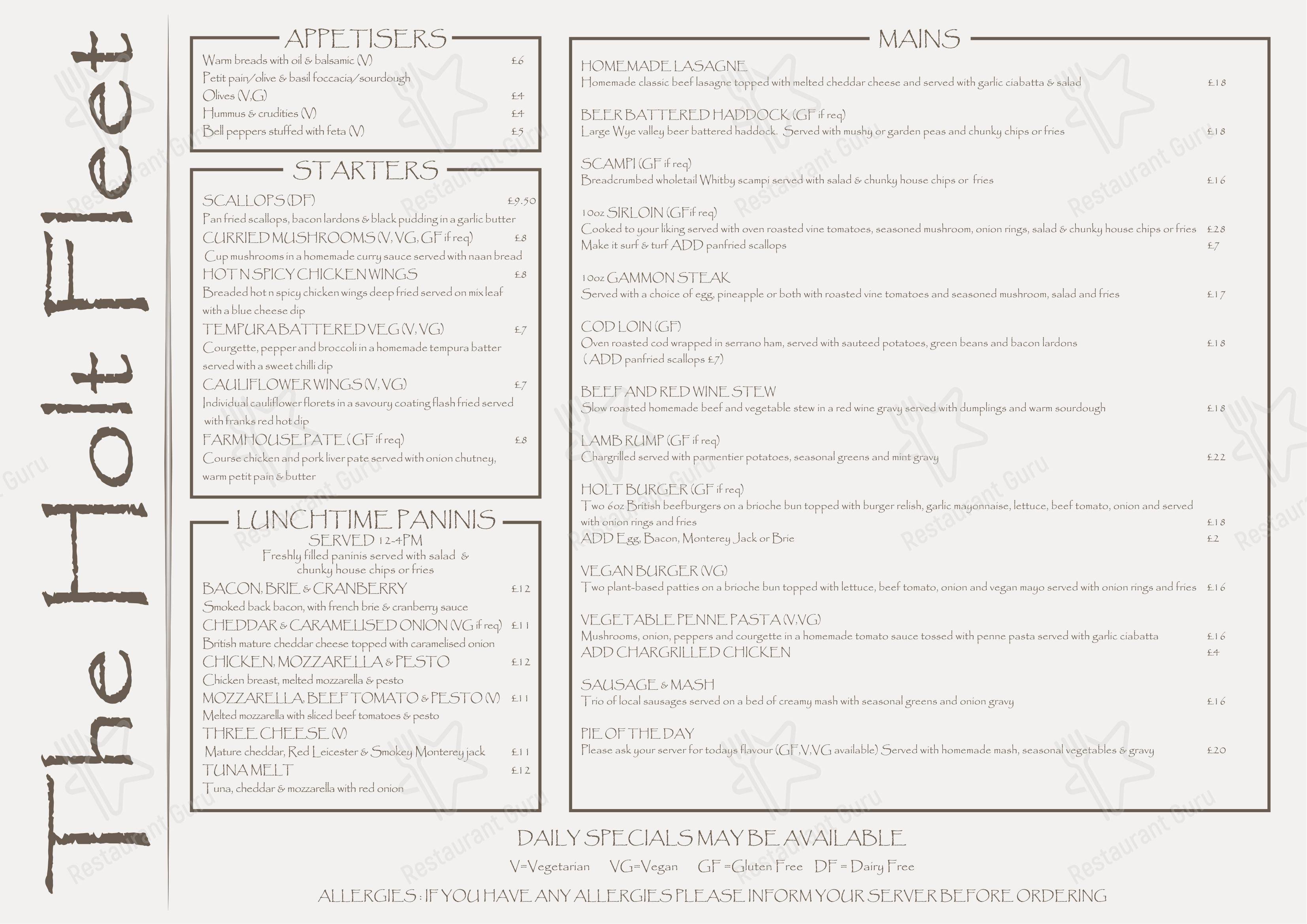 Menu at The Holt Fleet restaurant, Worcester