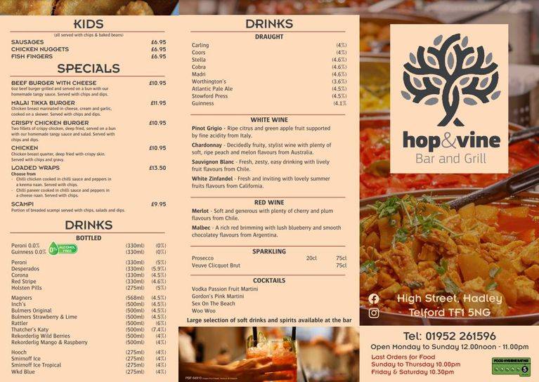 Menu at The Hop and Vine restaurant, Telford