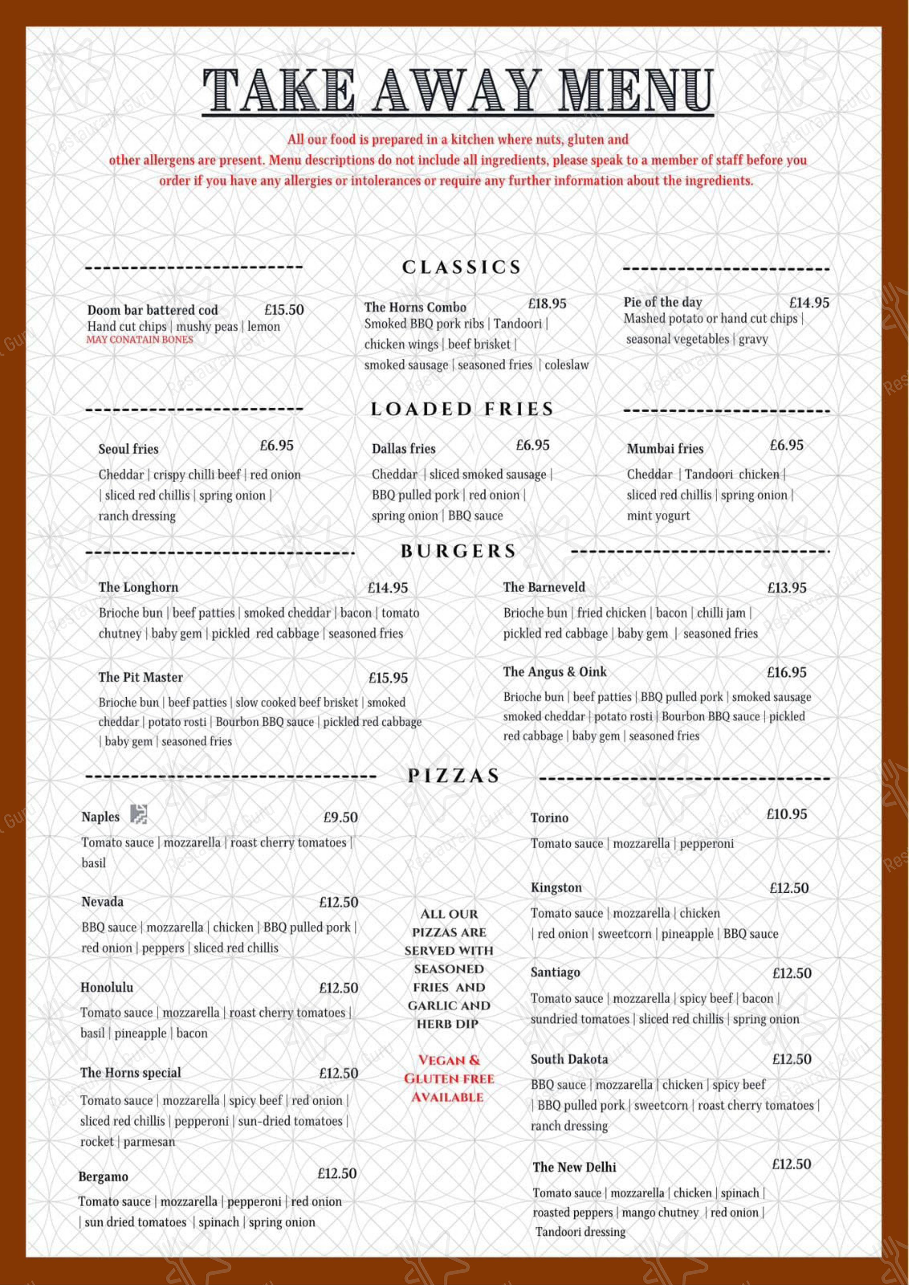 Menu at The Horns Inn, Slitting Mill pub & bar, Rugeley