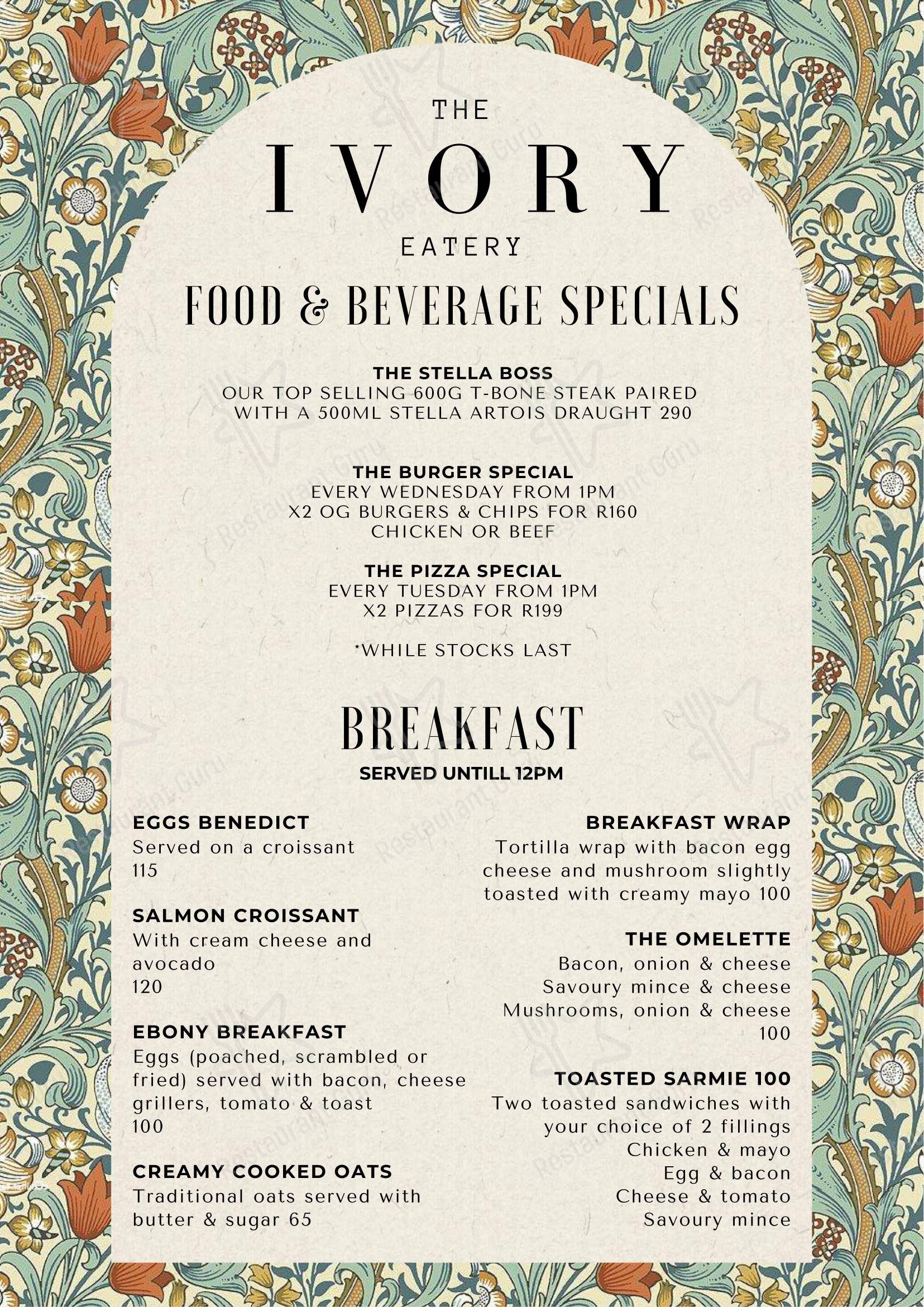 Menu at The Ivory Eatery restaurant, Mthatha