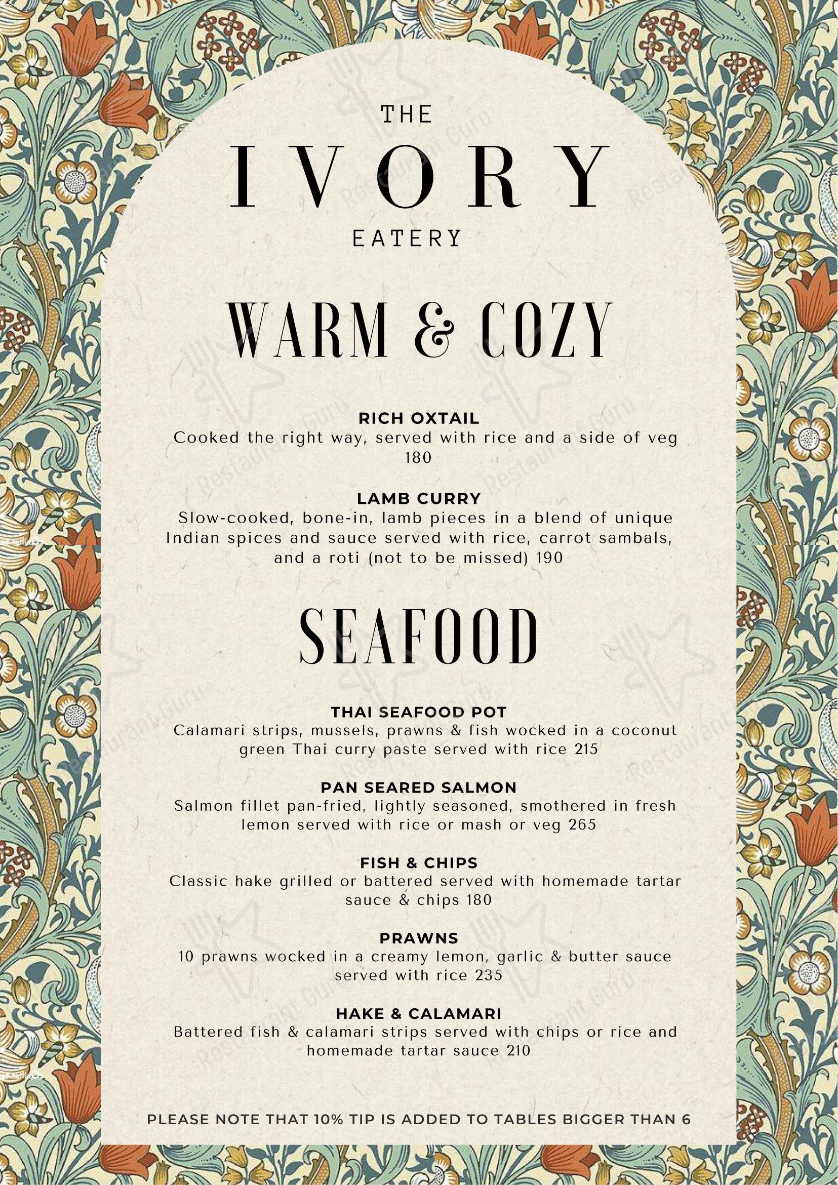 Menu at The Ivory Eatery restaurant, Mthatha