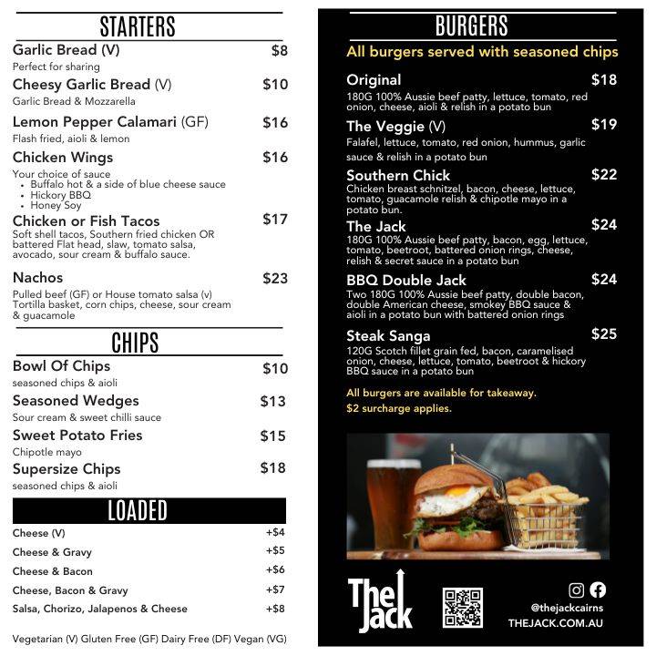 Menu at The Jack Hotel & Backpackers pub & bar, Cairns