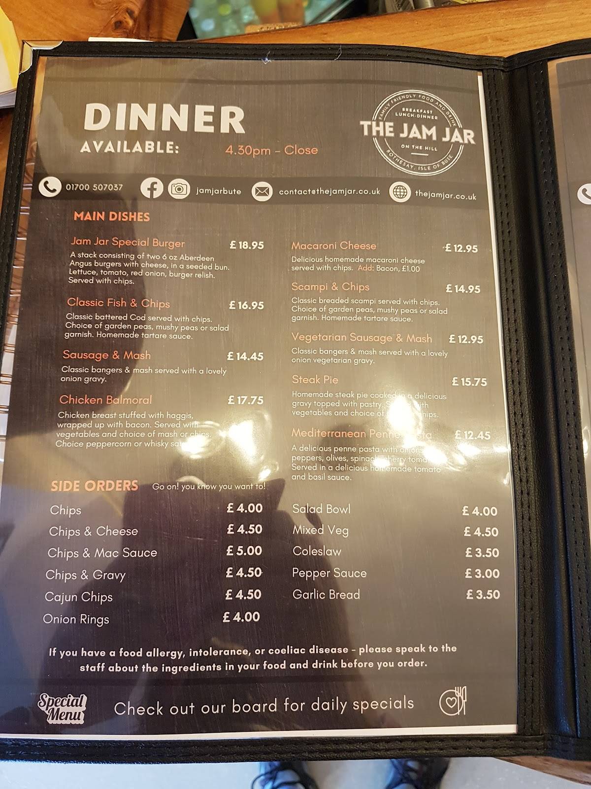 Menu at The Jam Jar restaurant, Rothesay