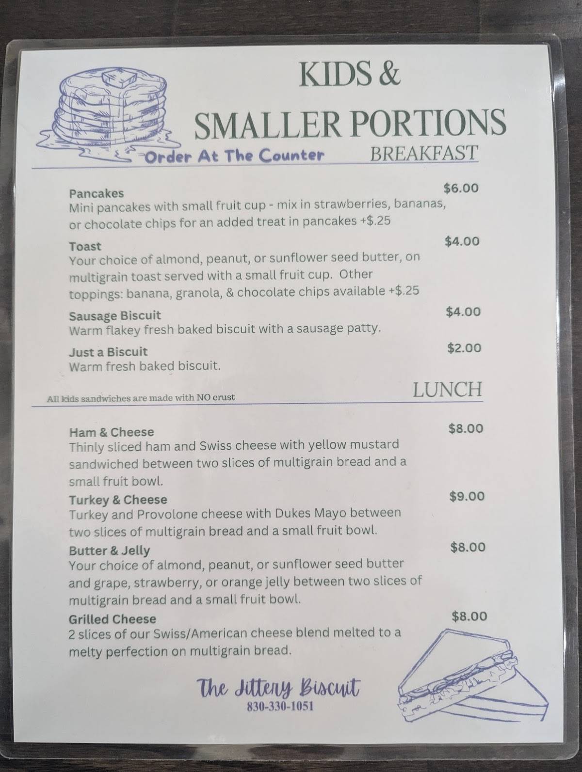 Menu at The Jittery Biscuit restaurant, Johnson City