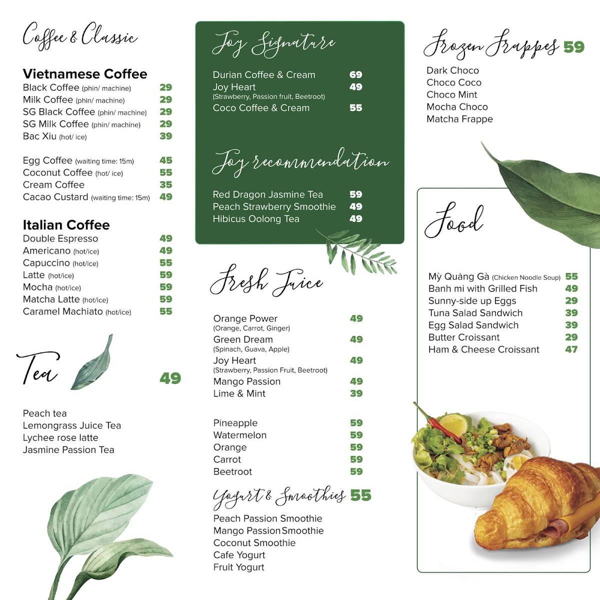 Menu at The Joy Cafe, Da Nang, 7 Nguyễn Thái Học