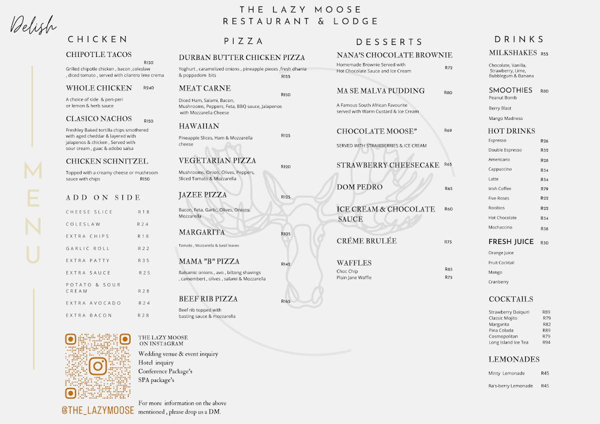 Menu at The Lazy Moose Restaurant & Lodge, Ezembeni