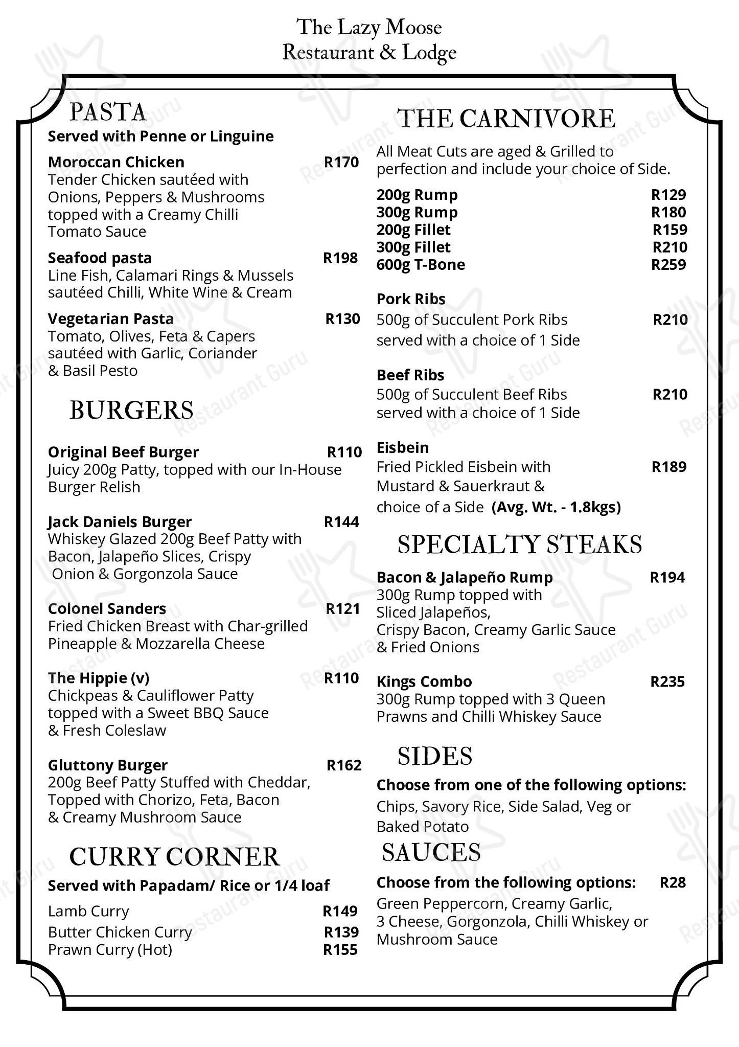Menu at The Lazy Moose Restaurant & Lodge, Ezembeni