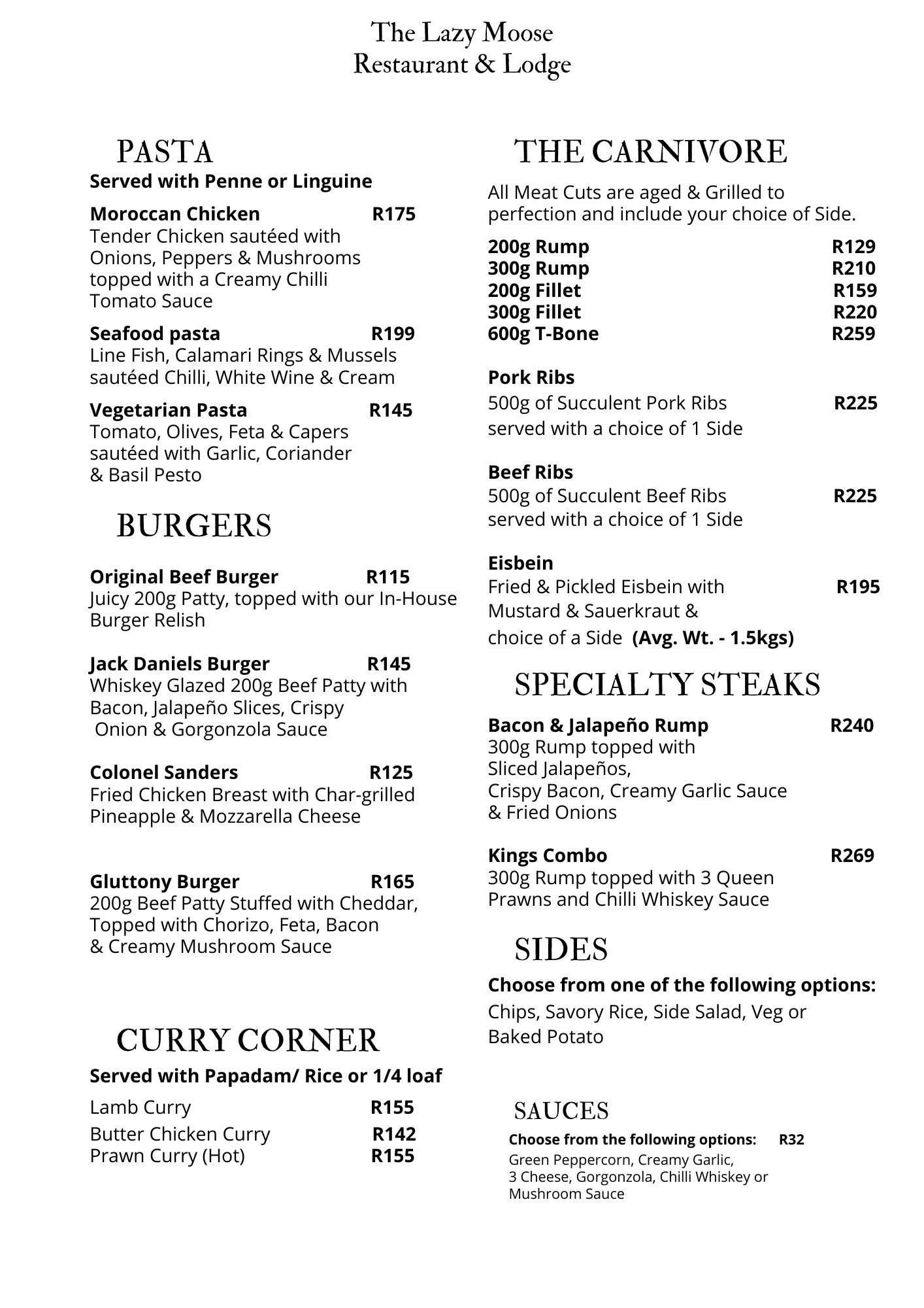 Menu at The Lazy Moose Restaurant & Lodge, Ezembeni