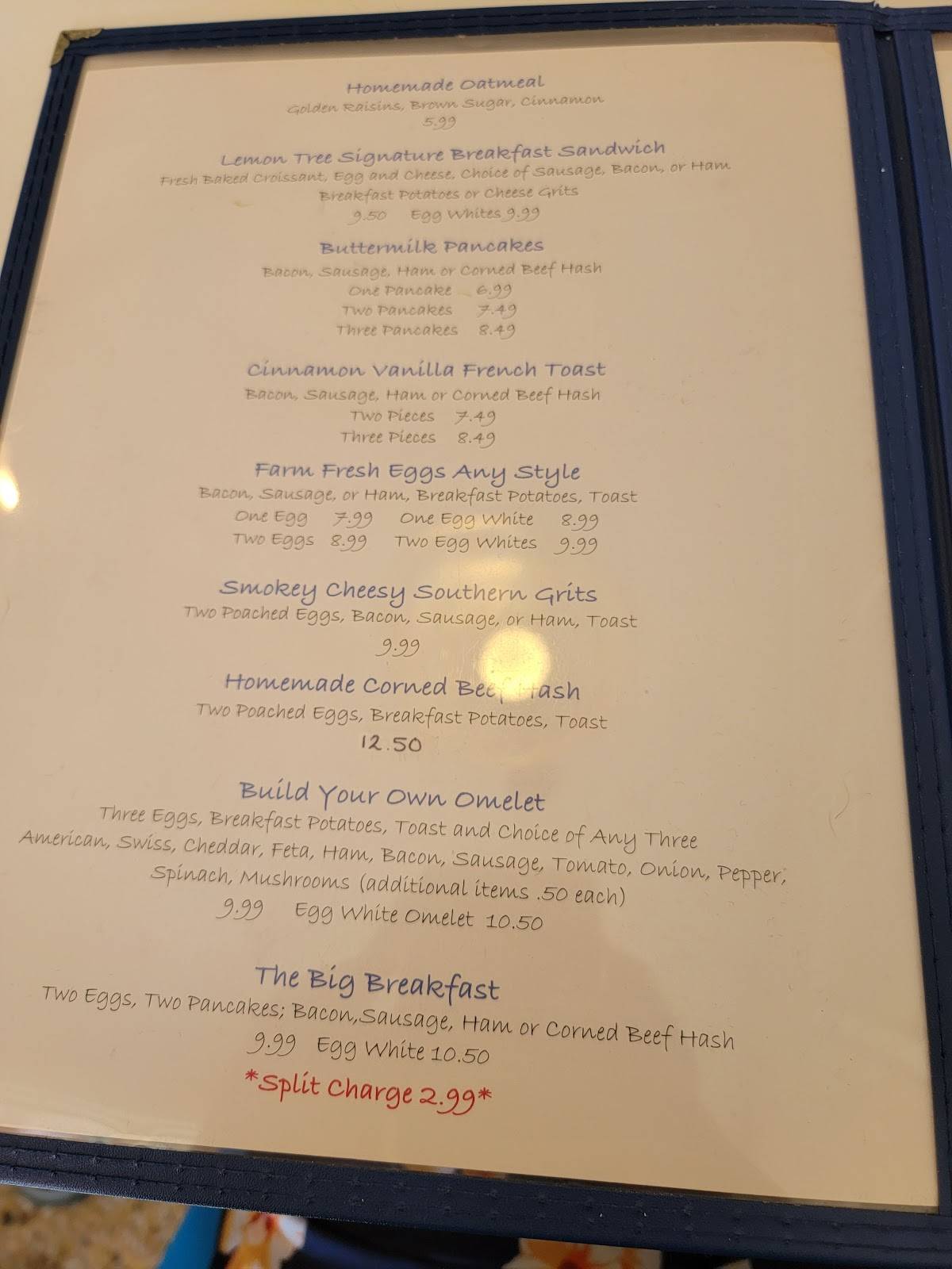 Menu at The Lemon Tree restaurant, Vero Beach