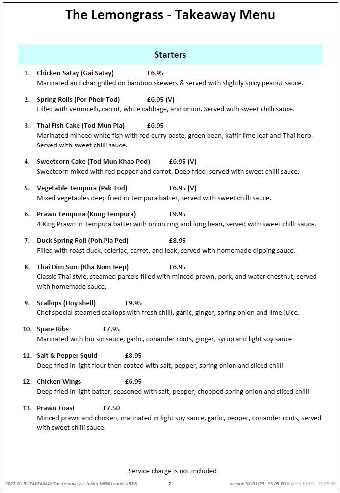 Menu at The Lemongrass, Thai Restaurant Rye, Rye