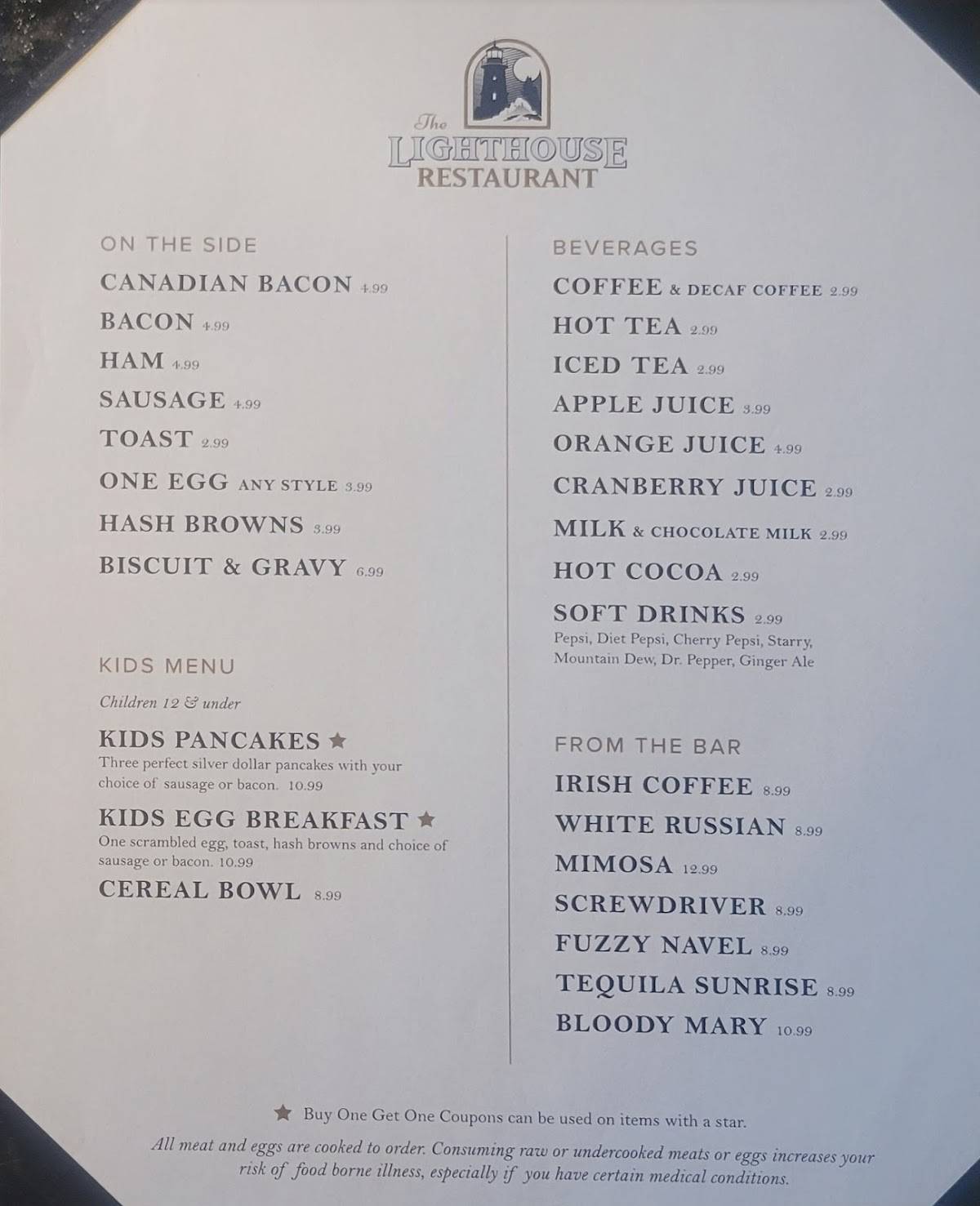 Menu at The Lighthouse Restaurant, Mackinaw City