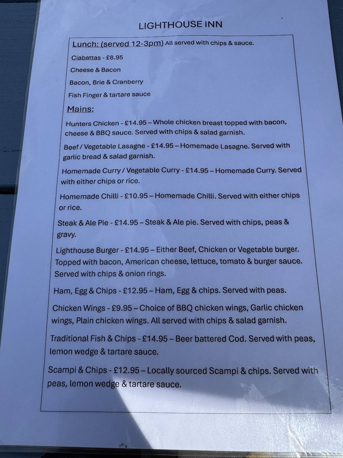Menu at The Lighthouse pub & bar, Burnham-on-Sea