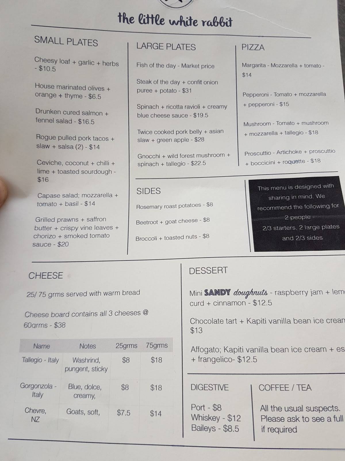 Menu at The Little White Rabbit cafe, Foxton Beach