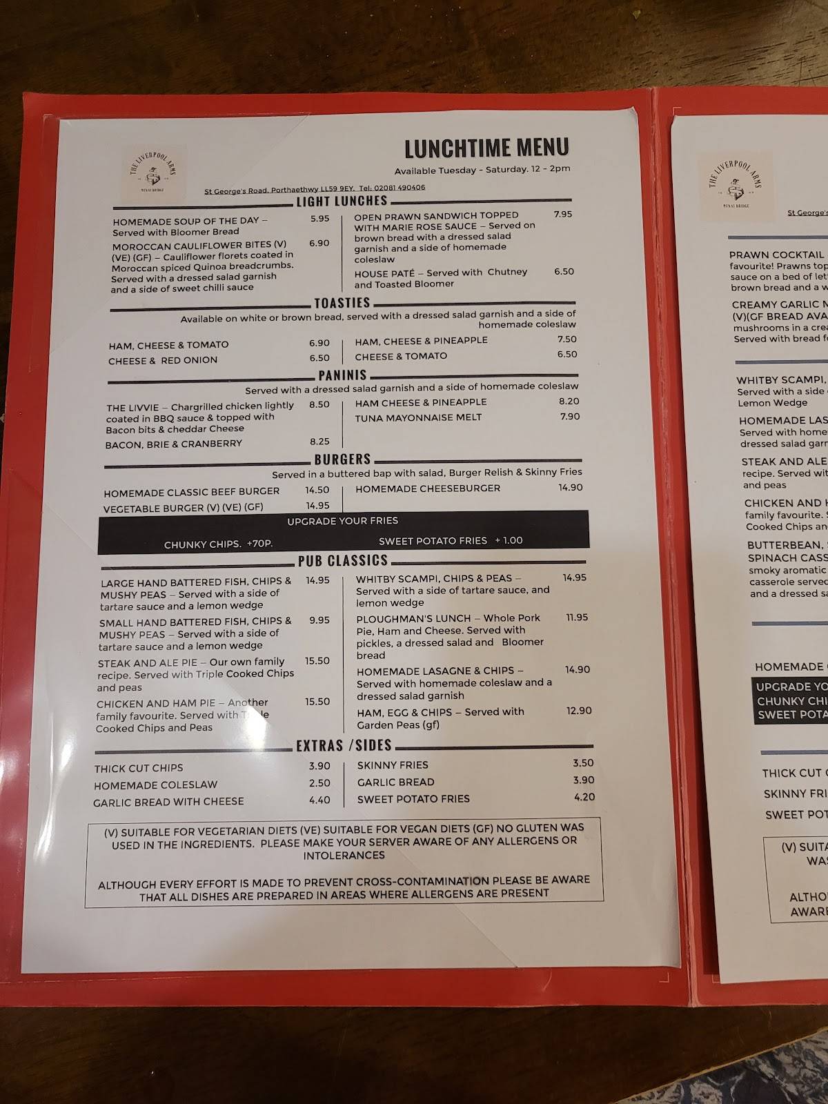 Menu at The Liverpool Arms Menai Bridge pub & bar, Menai Bridge
