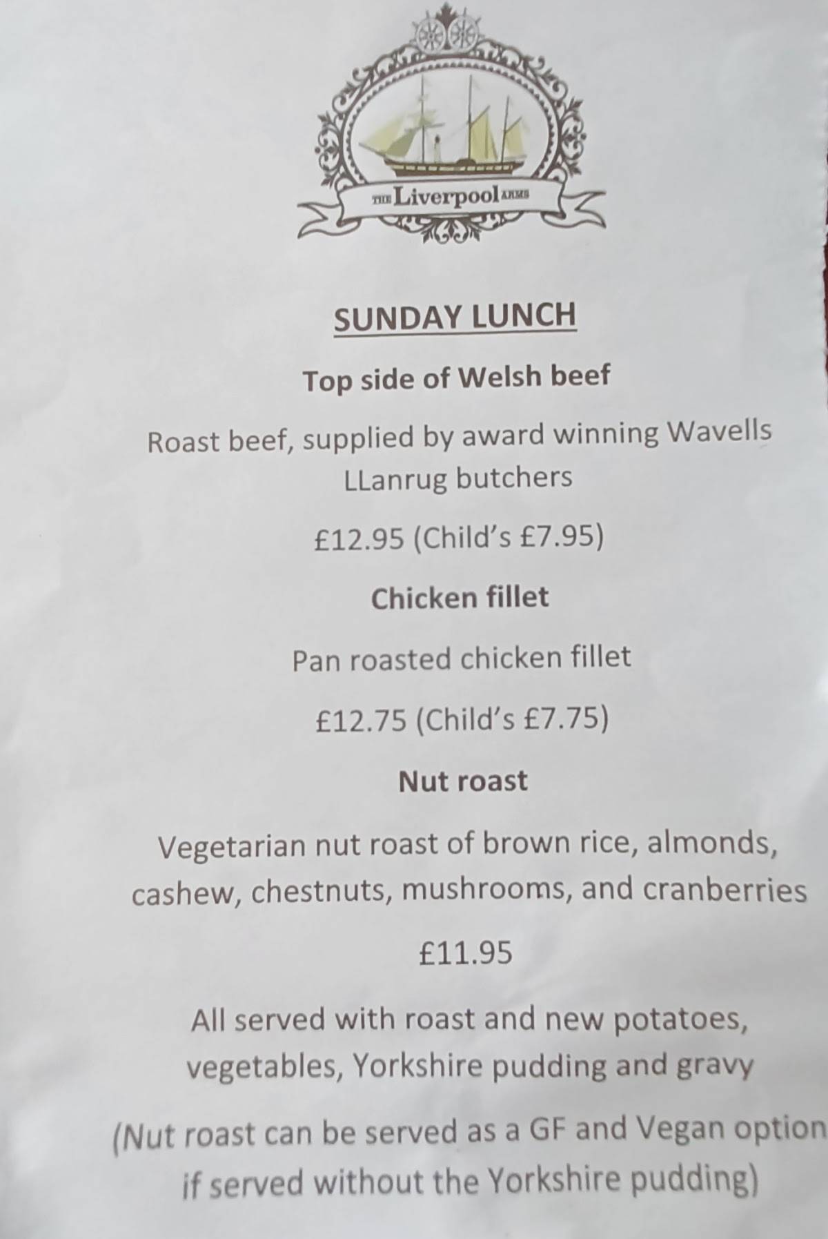 Menu at The Liverpool Arms Menai Bridge pub & bar, Menai Bridge