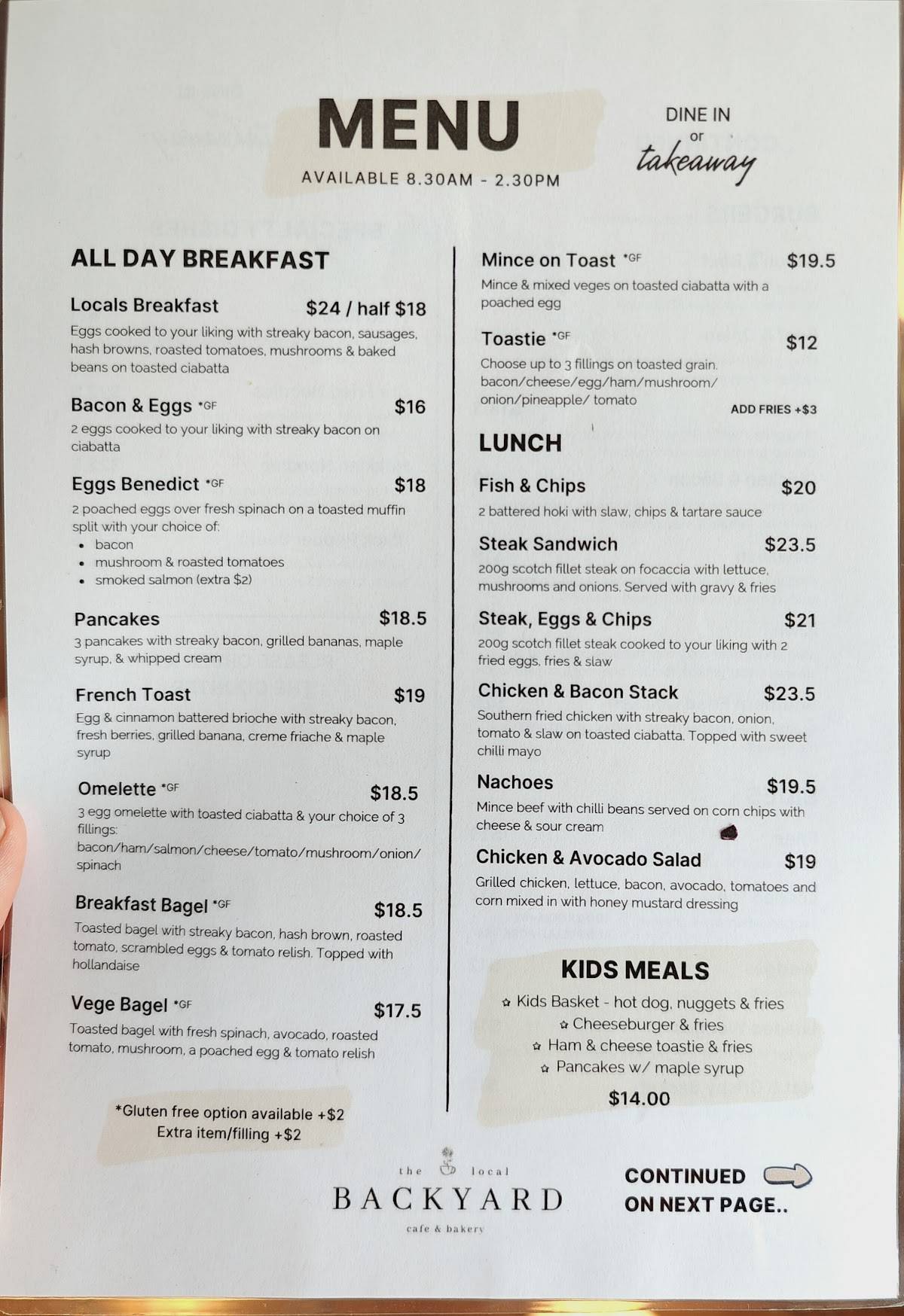 Menu at The Local Backyard Cafe and Bakery, Ashhurst