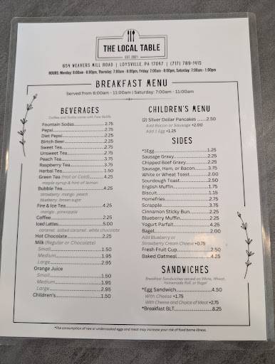 Menu at The Local Table restaurant, Loysville