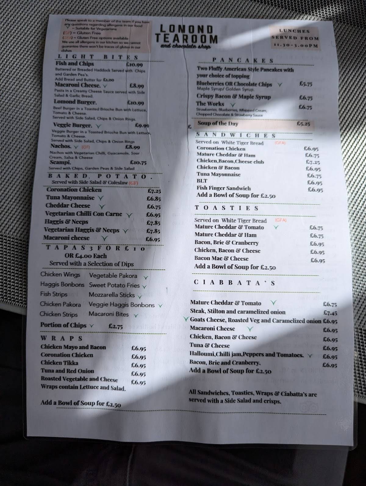 Menu at The Lomond Tearoom and Chocolate Shop pub & bar, Falkland