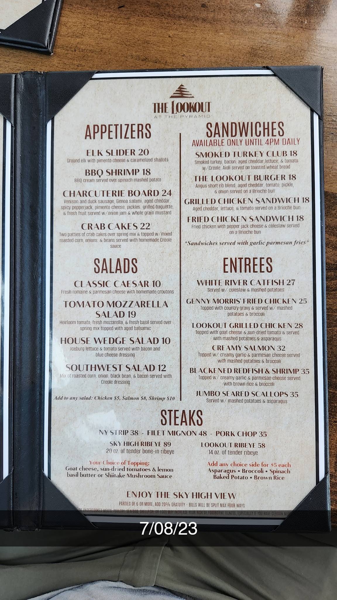 Menu at The Lookout at the Pyramid pub & bar, Memphis