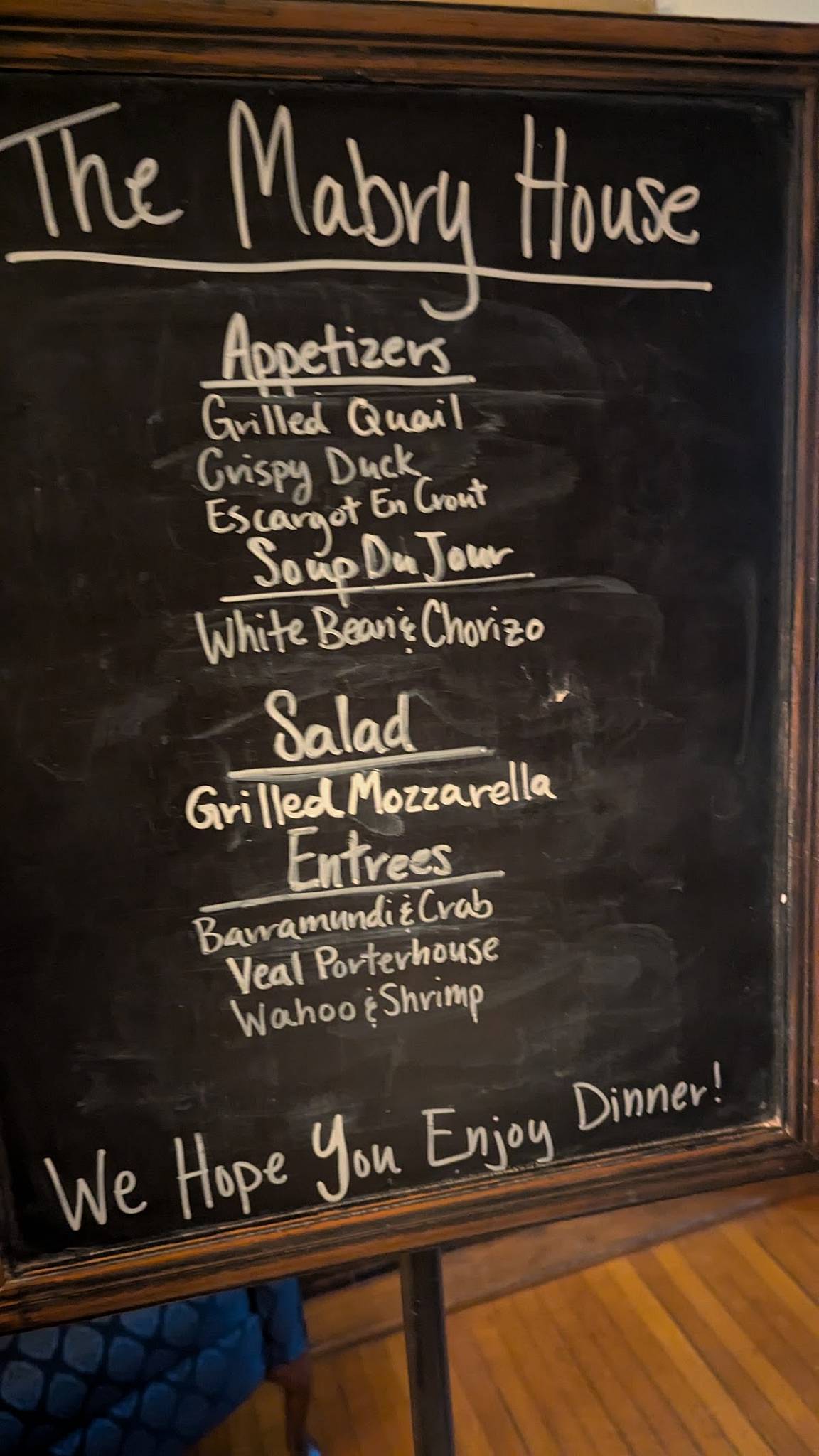 Menu at The Mabry House restaurant, Shreveport