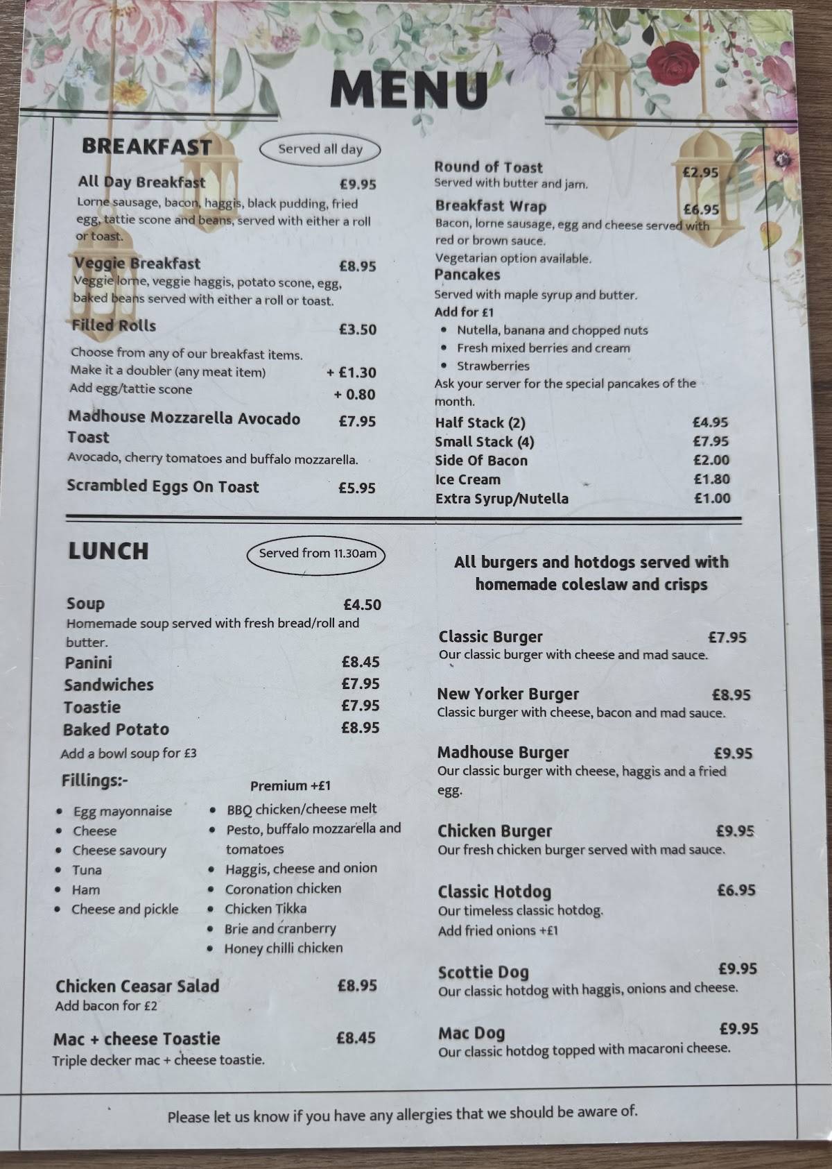 Menu at Touchdown at the Madhouse Coffee Shop cafe, Glenrothes