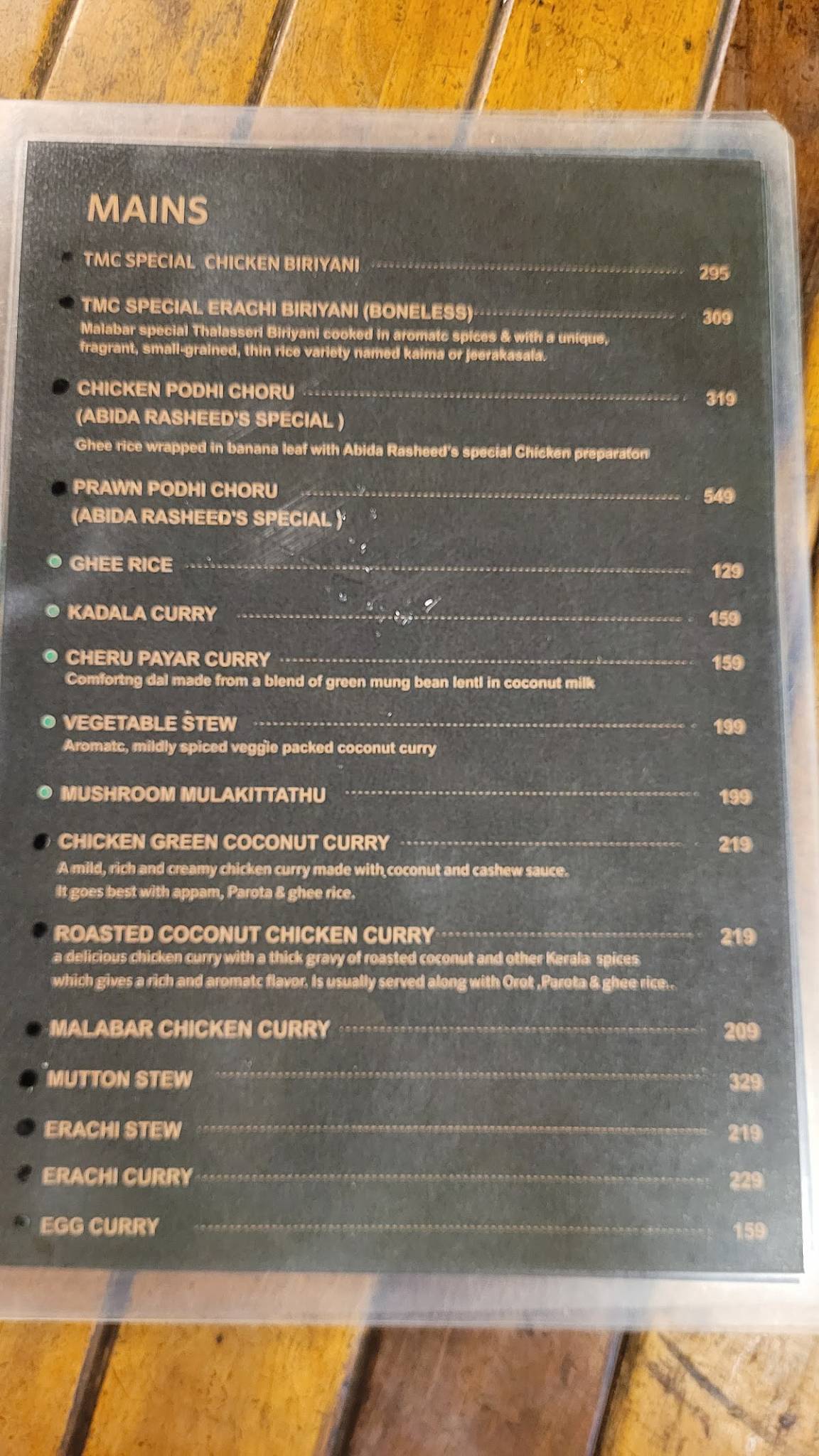 Menu at The Malabar Canteen, Bengaluru