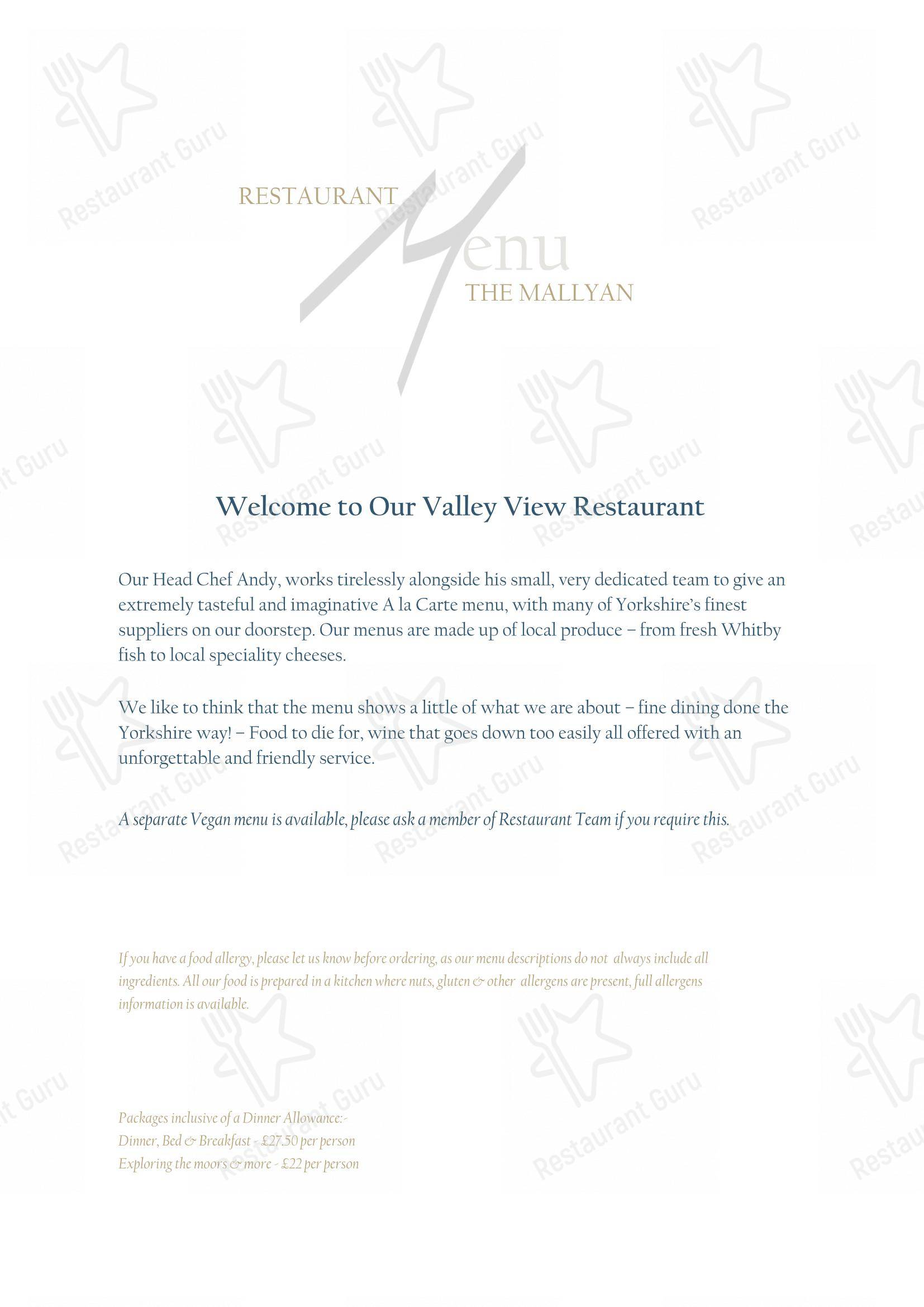 Menu at The Mallyan Spout Hotel Goathland Whitby pub & bar, Goathland