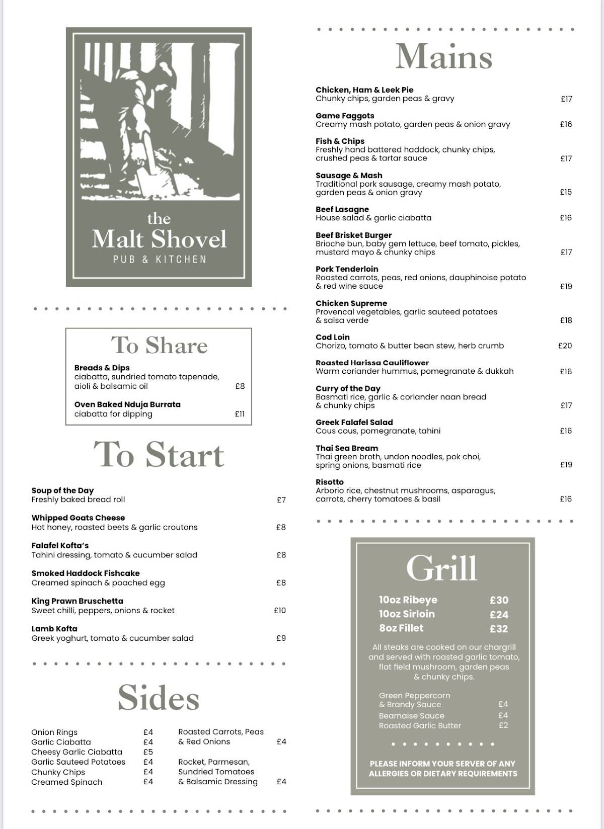 Menu at The Malt Shovel pub & bar, Lichfield