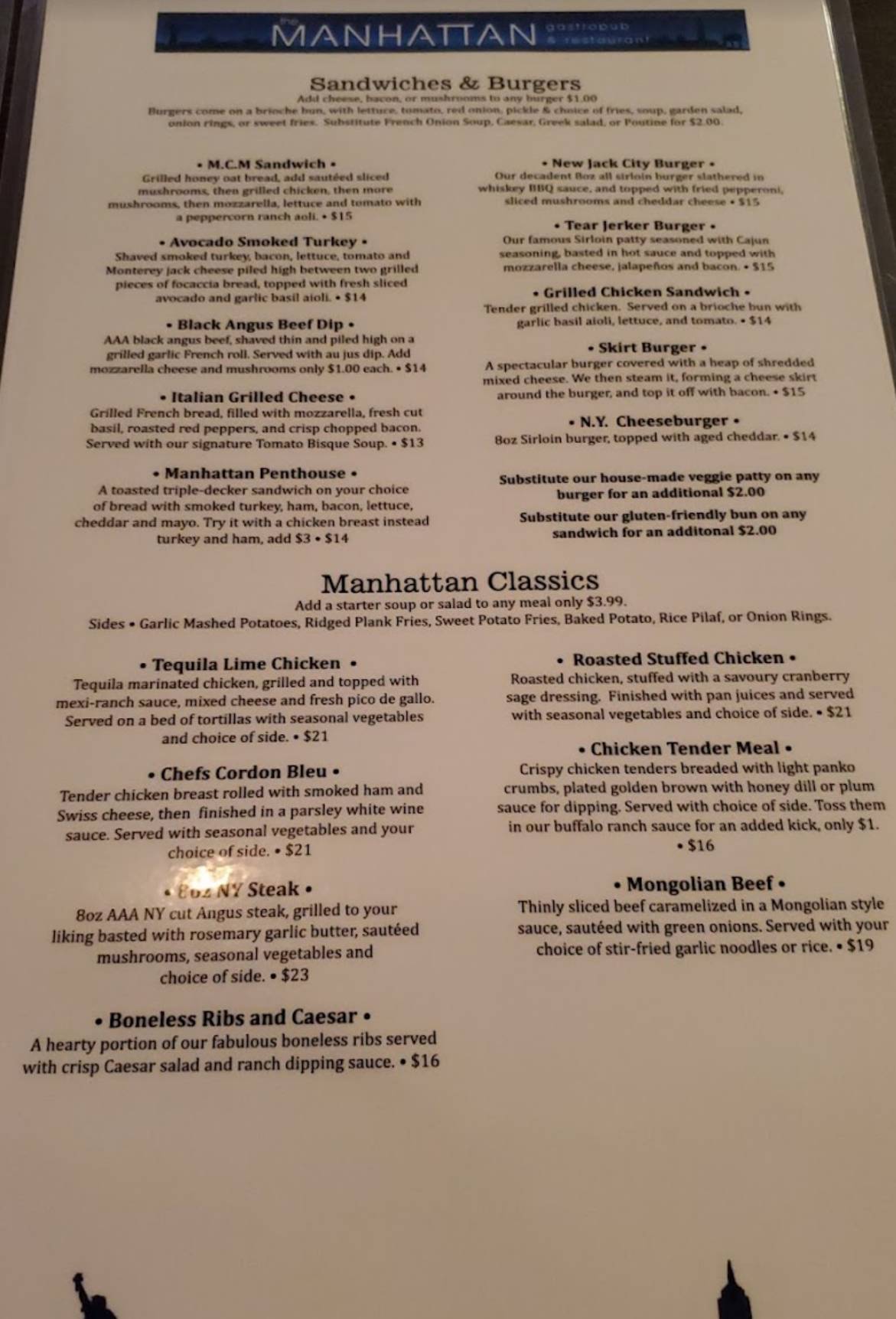 Menu at The Manhattan Gastropub & Restaurant, Saskatoon