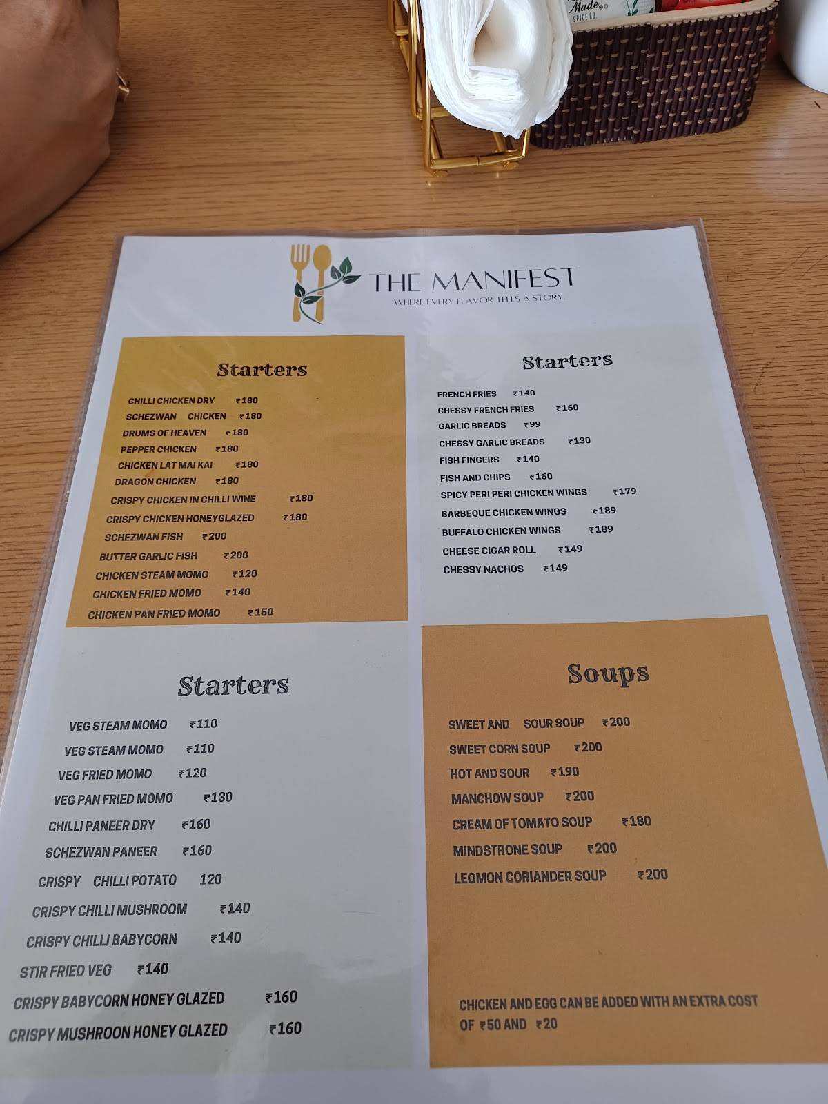 Menu at The Manifest, Kolkata