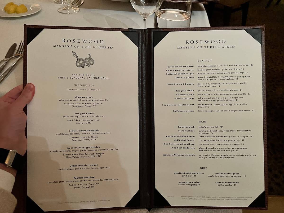 Menu at The Mansion Restaurant, Dallas, Turtle Creek Blvd