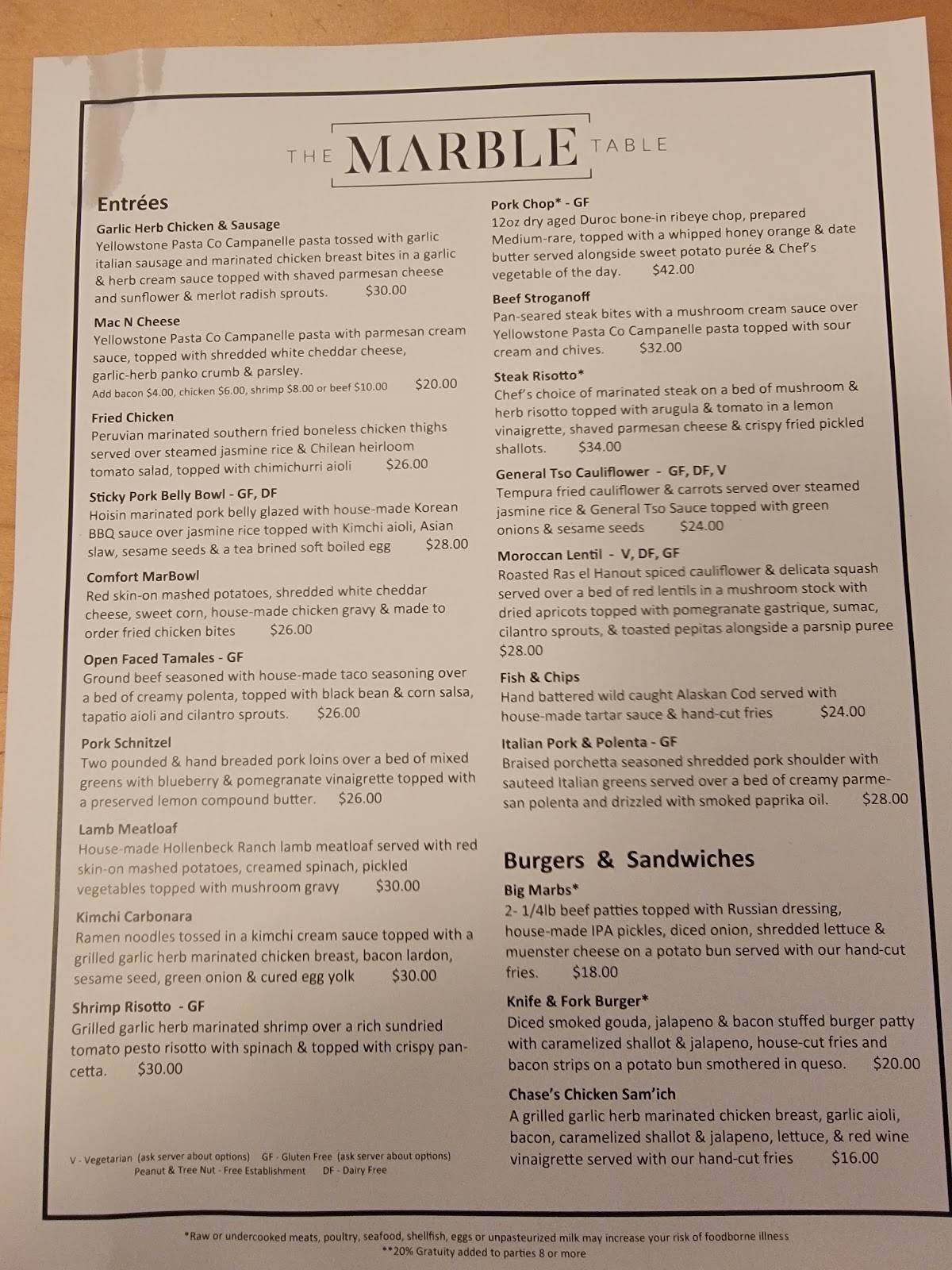 Menu at The Marble Table restaurant, Billings