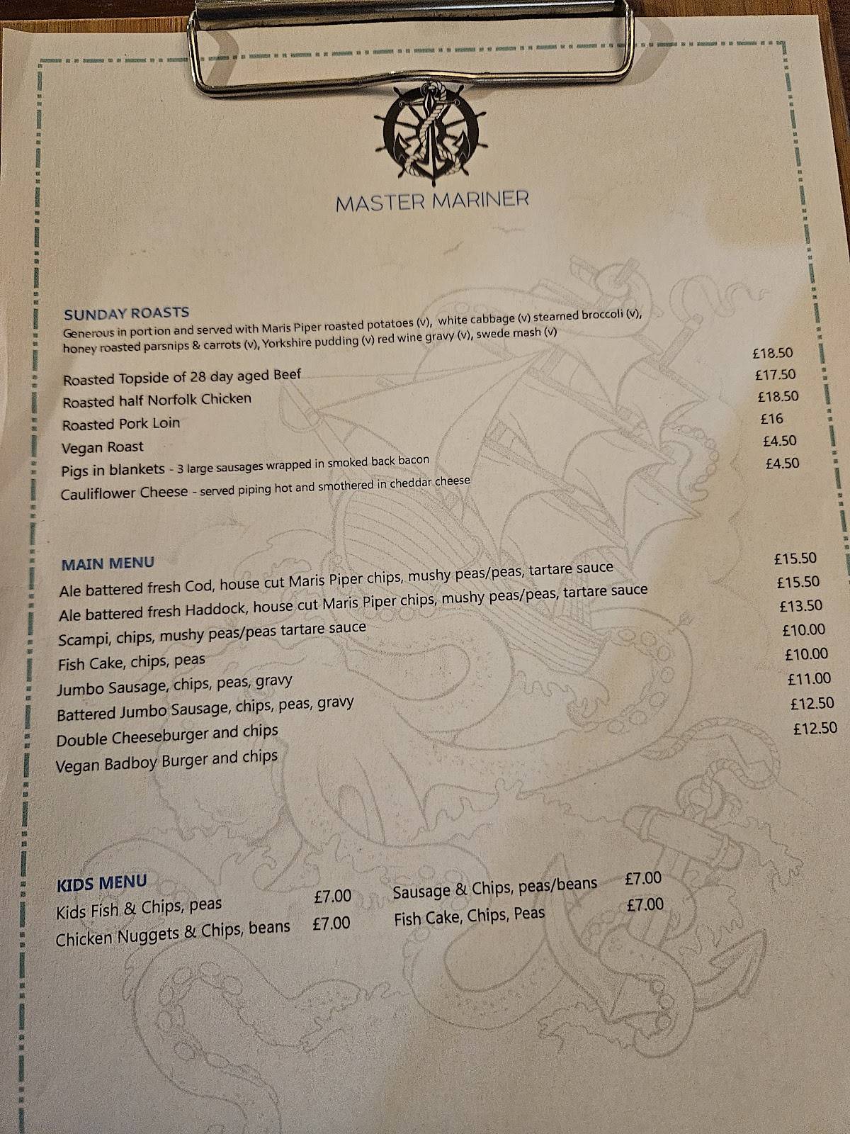 Menu at The Master Mariner pub & bar, Brighton